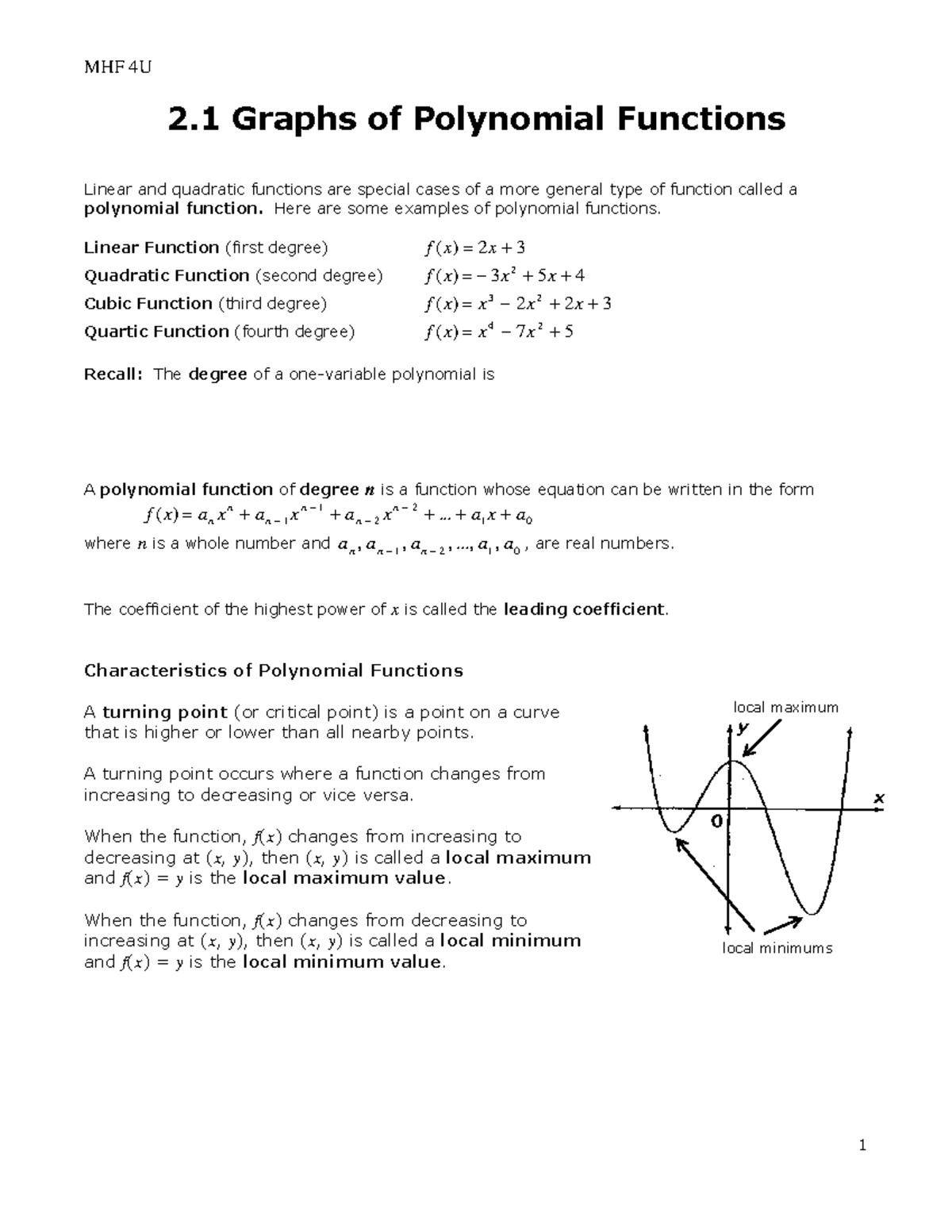 2020 Unit 2 - Polynomial Functions - MHF 4U 2 Graphs of Polynomial ...