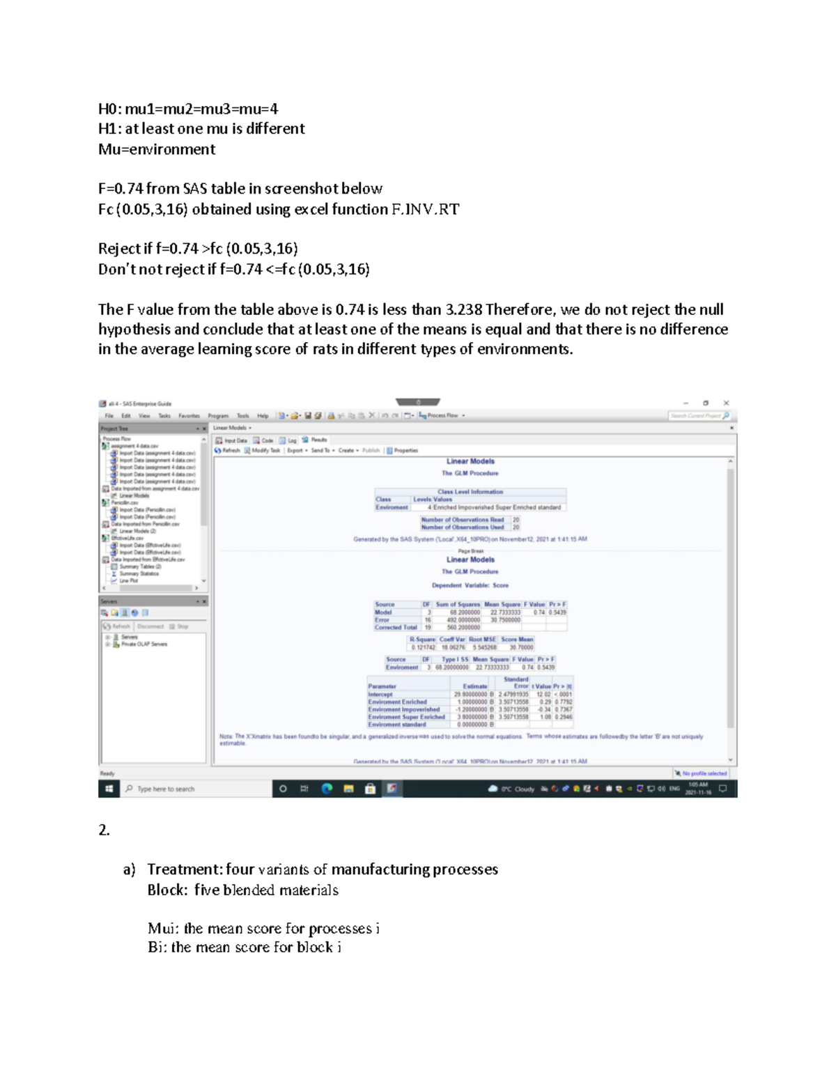 Assignment 4 (1) - sample - H0: mu1=mu2=mu3=mu= H1: at least one mu is ...