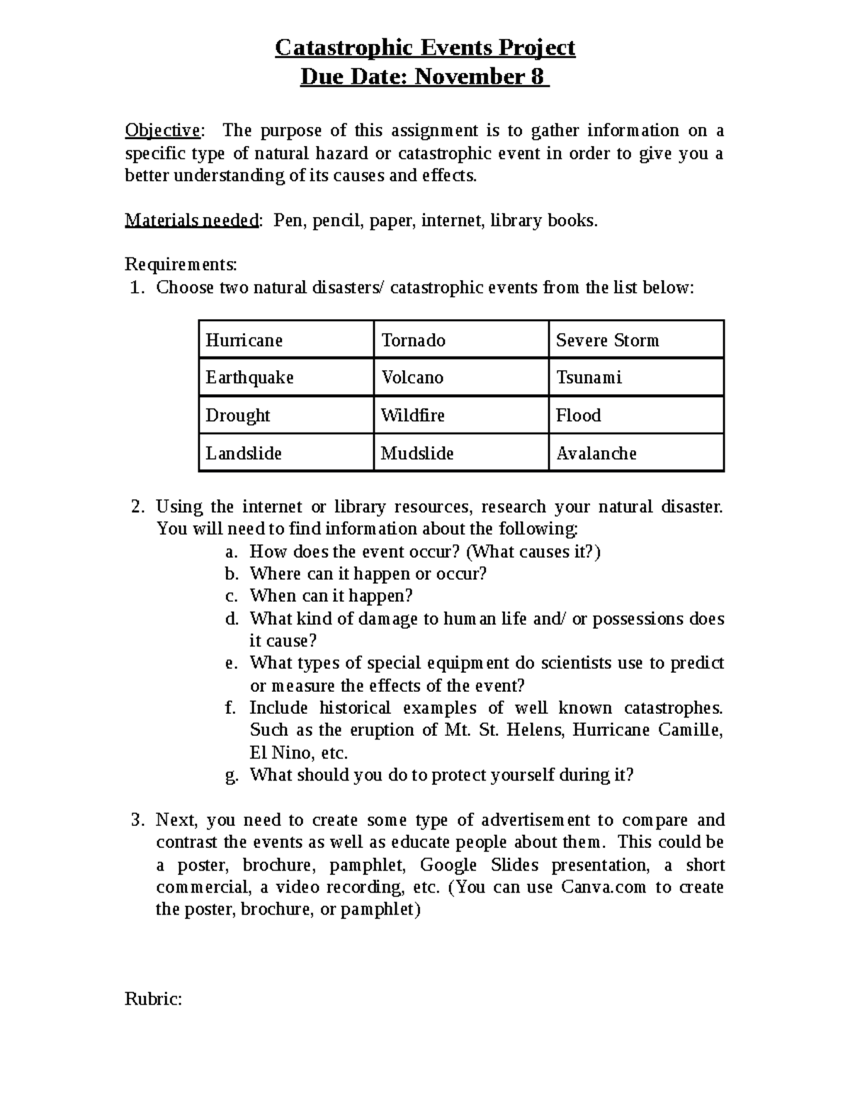 Copy of catastrophic events project - Catastrophic Events Project Due Date: November 8 Objective ...