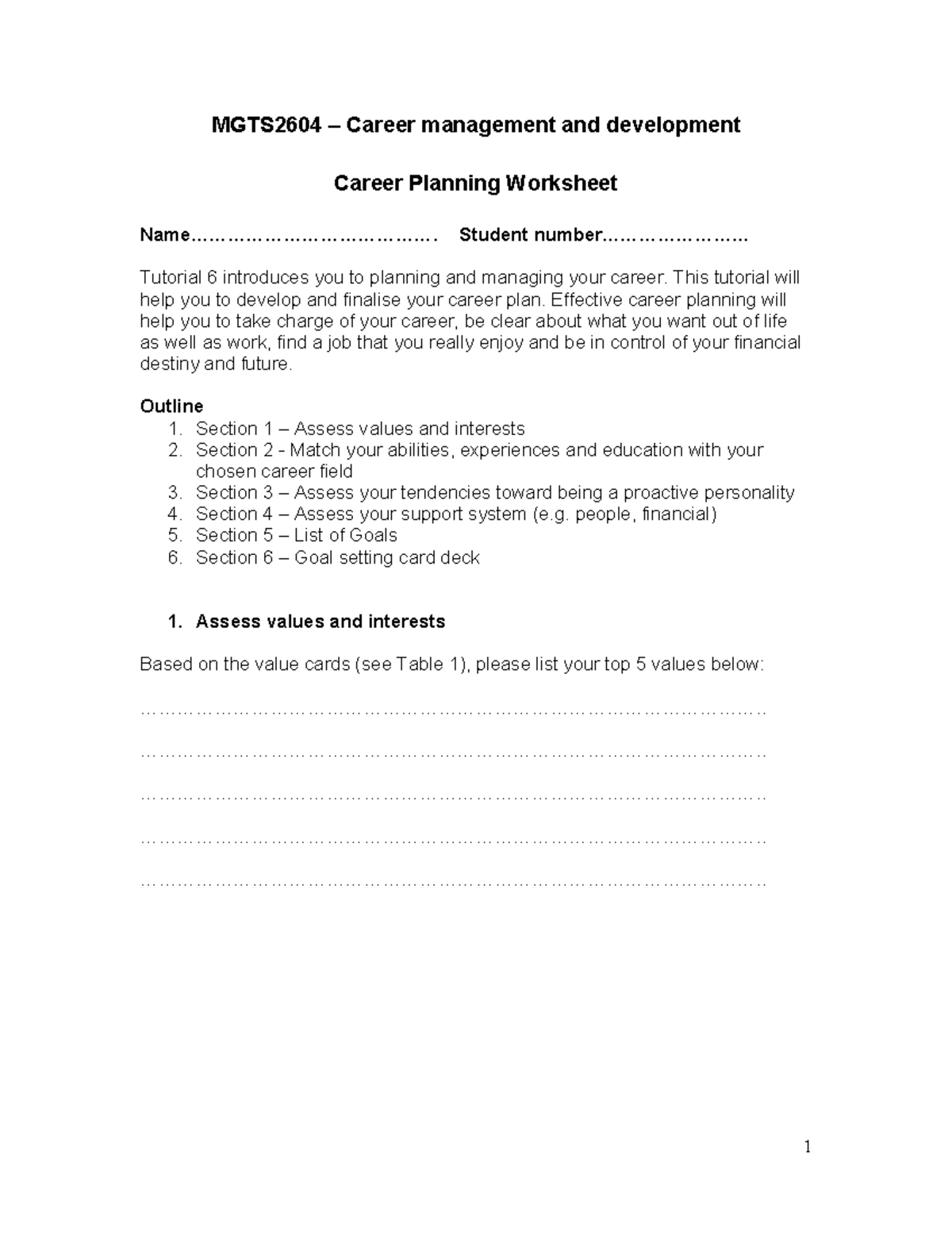 Tutorial 6 Career Planning Worksheet - MGTS2604 – Career management and ...