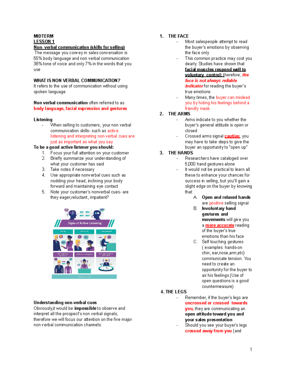 Professional Salesmanship- Midterm - MIDTERM LESSON 1 Non- verbal ...