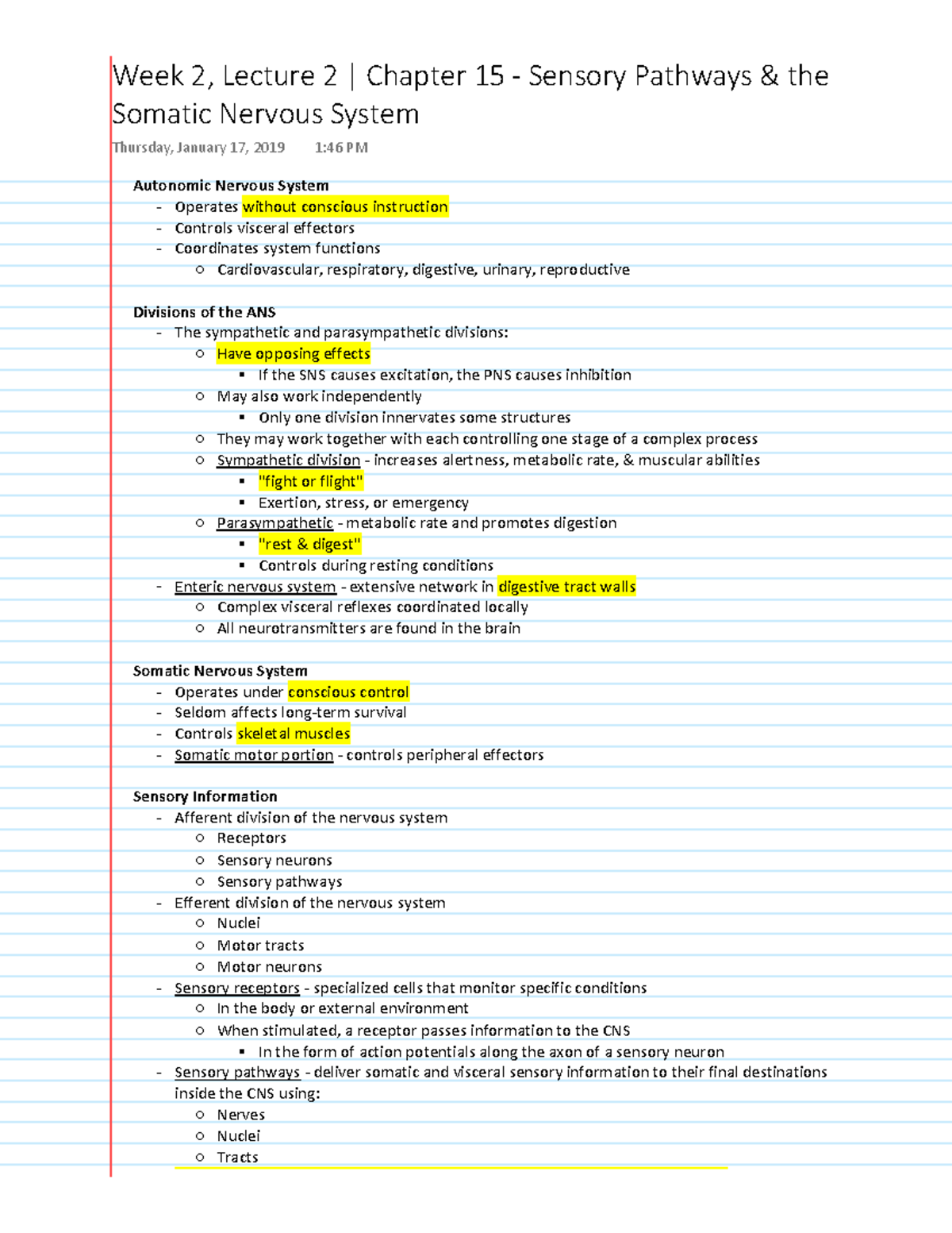 Chapter 15 - Sensory Pathways & the Somatis Nervous System - Autonomic ...