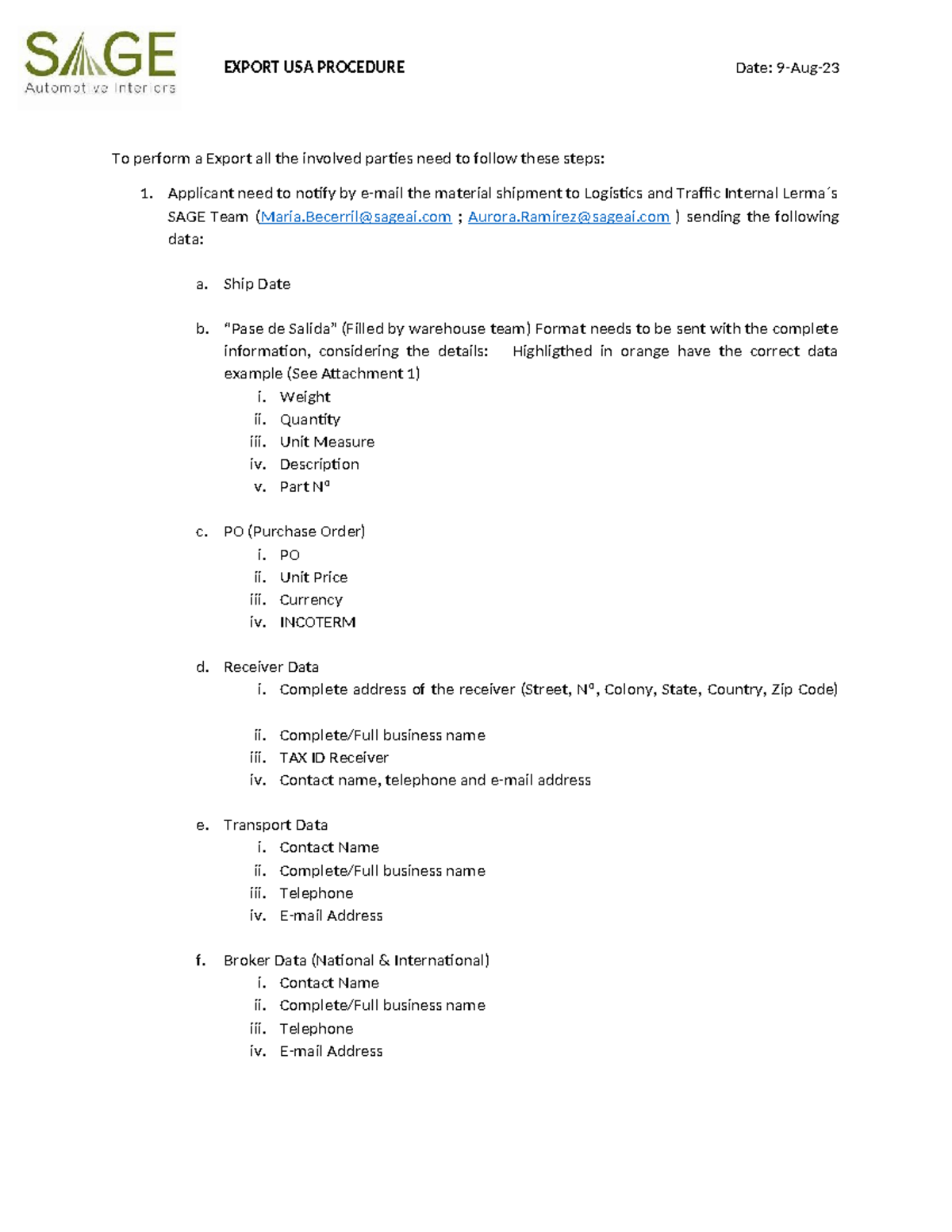 Export USA SAGE Lerma Procedure (004) - EXPORT USA PROCEDURE Date: 9 ...