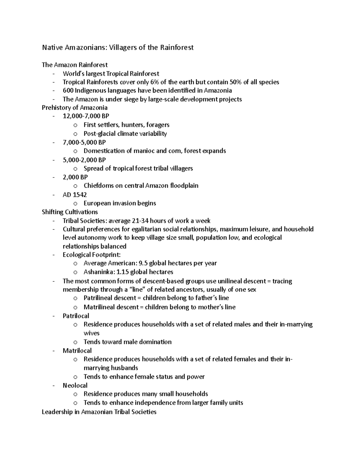 Anth 120-02 Pt. 4 - Lecture notes 5 - Native Amazonians: Villagers of ...