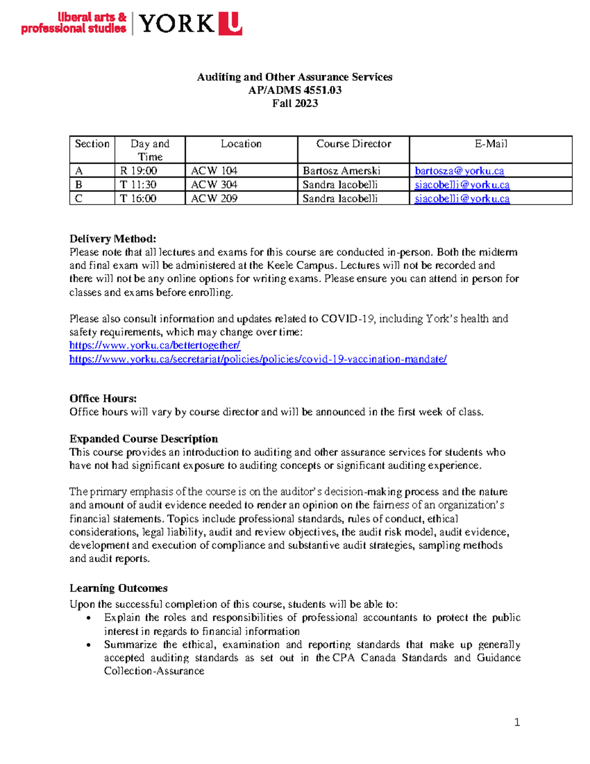 ADMS 4551 Course Outline Detailed Fall 2023 - Auditing and Other ...