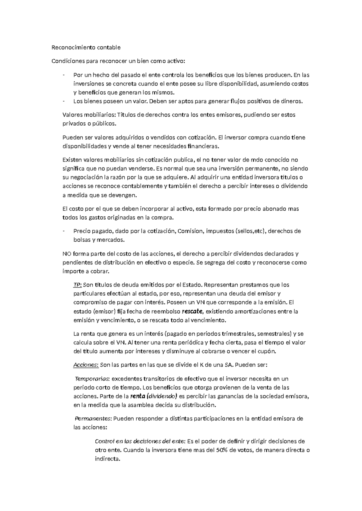 Inversiones Apunte - Reconocimiento contable Condiciones para reconocer ...