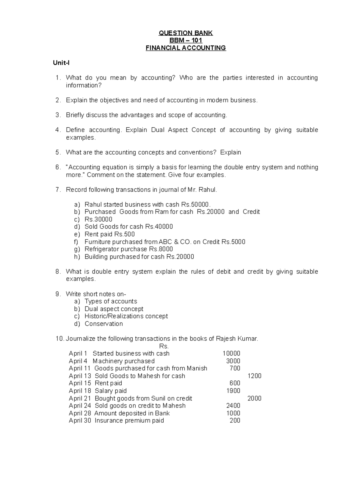 MBM101 Assignment 1 - QUESTION BANK BBM – 101 FINANCIAL ACCOUNTING Unit ...