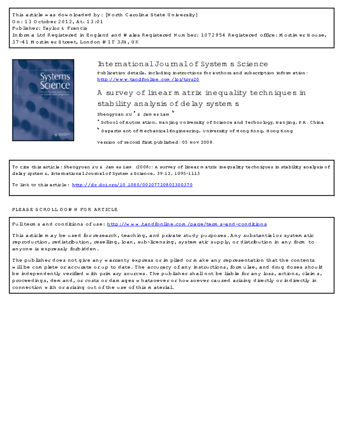 A Survey Of Linear Matrix Inequality Techniques In Stability Analysis A Survey Of Linear Matrix Inequality Techniques In Stability Analysis