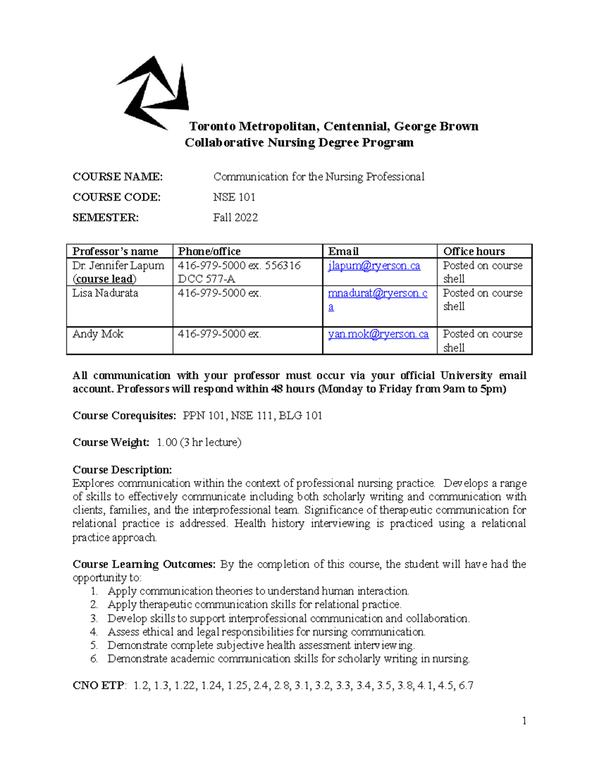 NSE 101 communication syllabus Final Aug 30, 2022 - Toronto ...