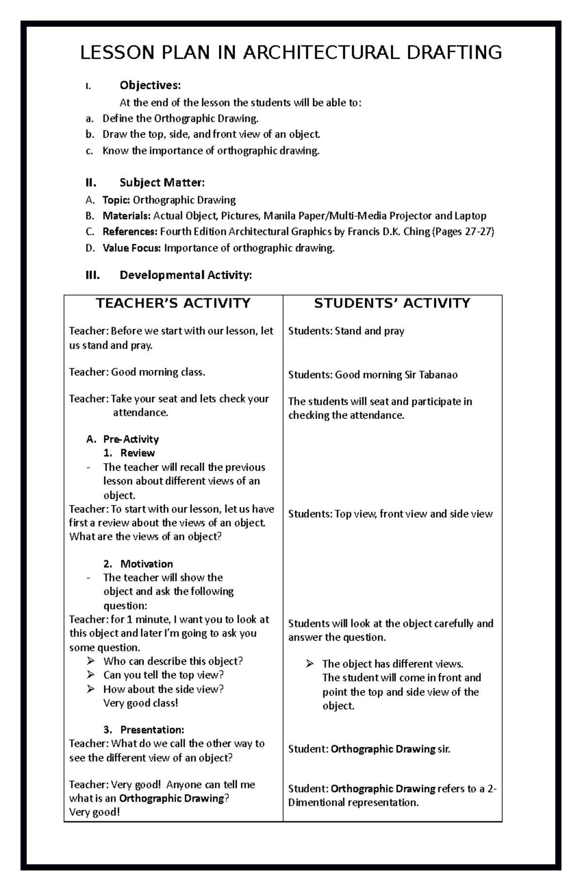 Lesson PLAN IN Architectural Drafting 1 JHS - LESSON PLAN IN ...