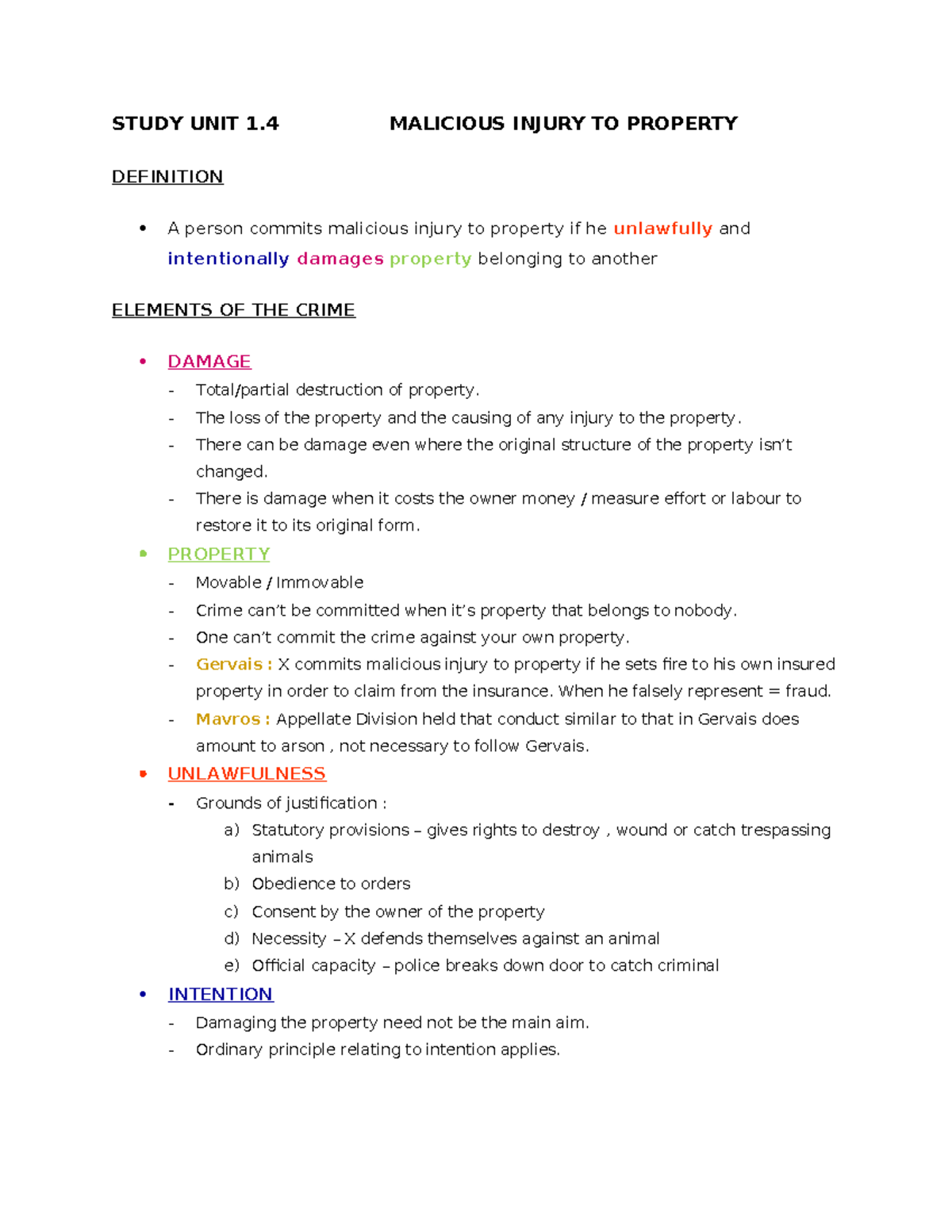 Study UNIT 1.4 Malicious injury to Property docx - STUDY UNIT 1 ...