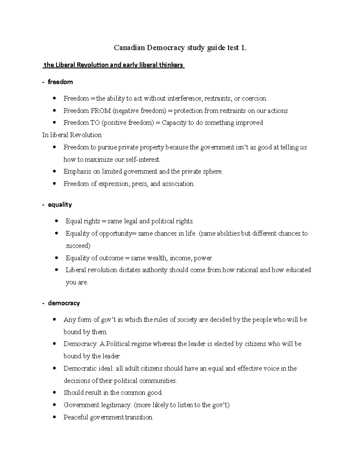 Canadian Democracy Study guide - the Liberal Revolution and early ...