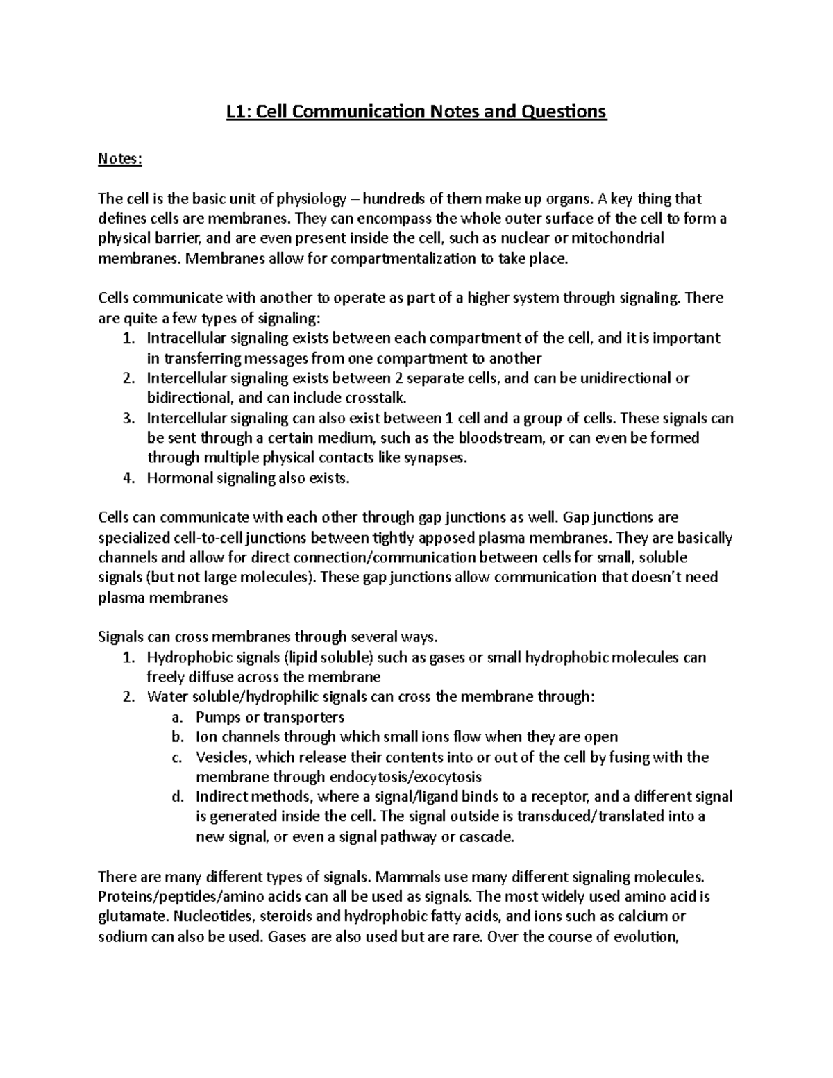 Lecture 1: cell communication notes for Biomedical sciences 2, BMS2 ...