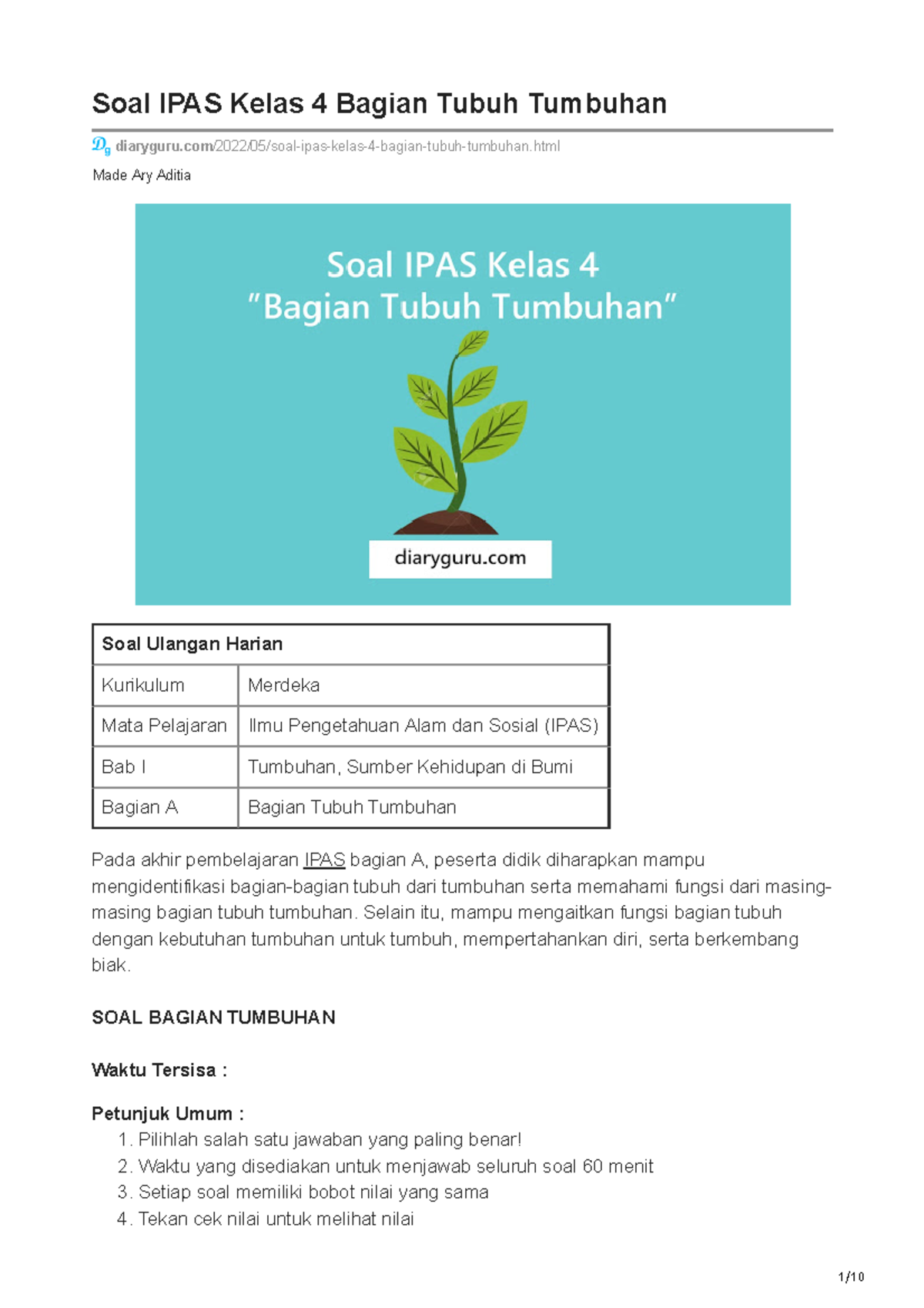 Diaryguru.com-Soal IPAS Kelas 4 Bagian Tubuh Tumbuhan - Made Ary Aditia Soal IPAS Kelas 4 Bagian ...
