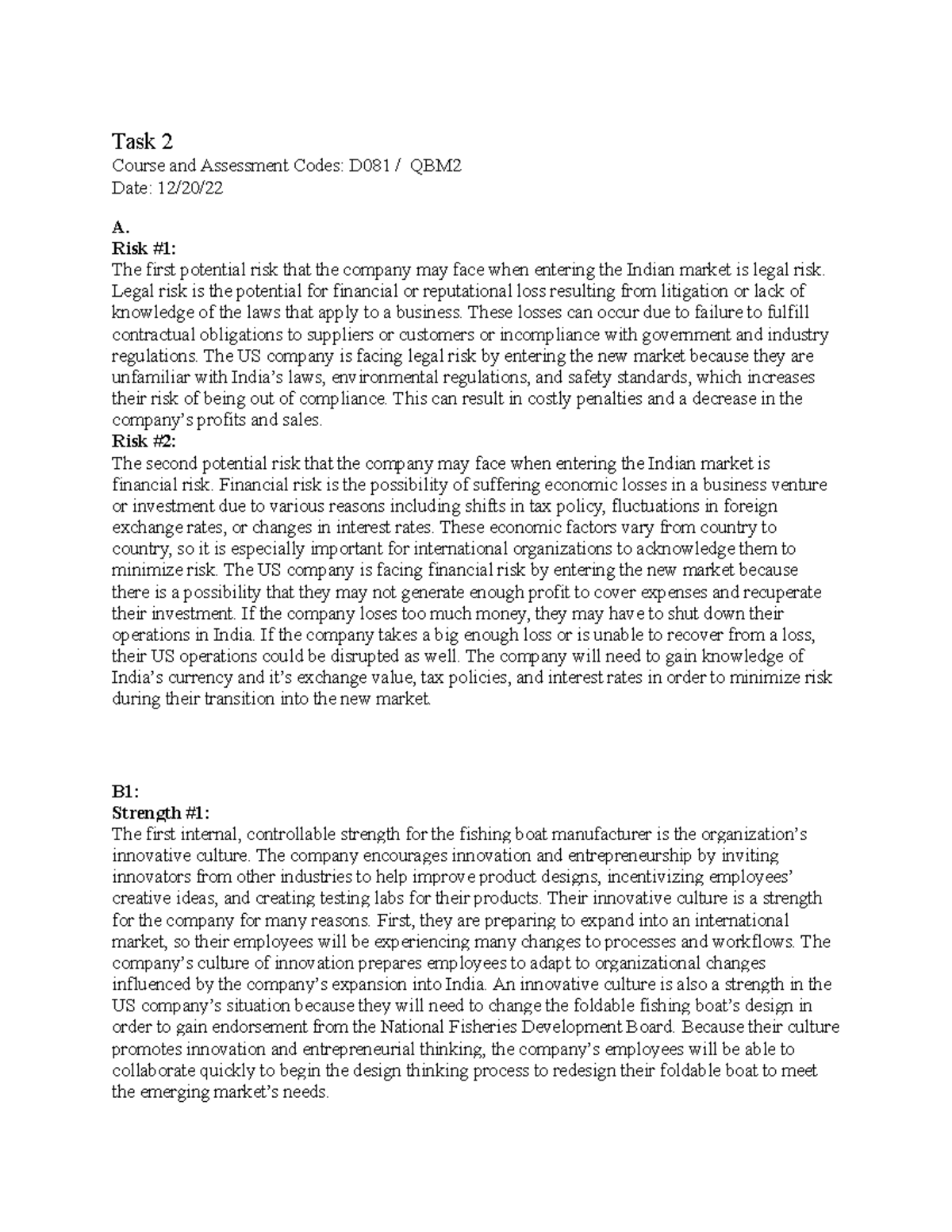 D081 Innovative and Strategic Thinking Task 2 - Task 2 Course and ...