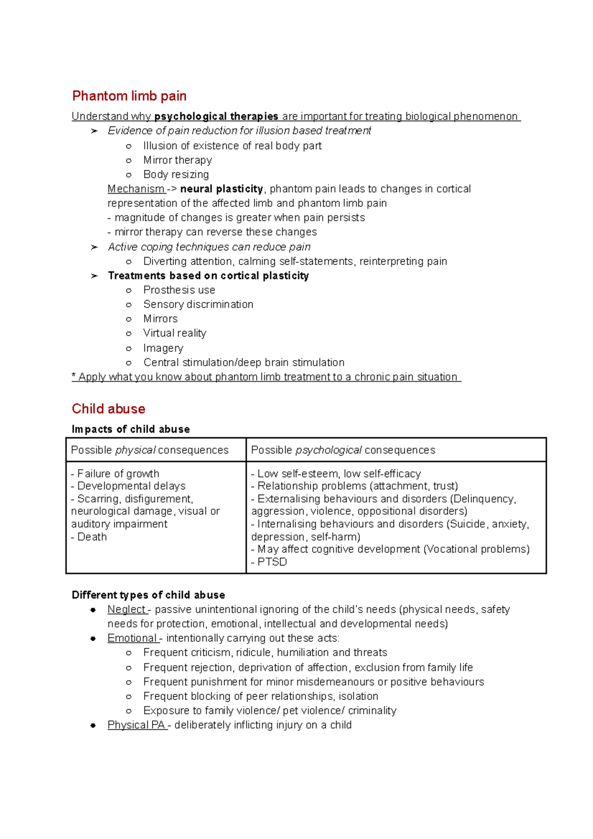 MICN201 Psych Med [Vertical] lecture key notes - Phantom limb pain ...