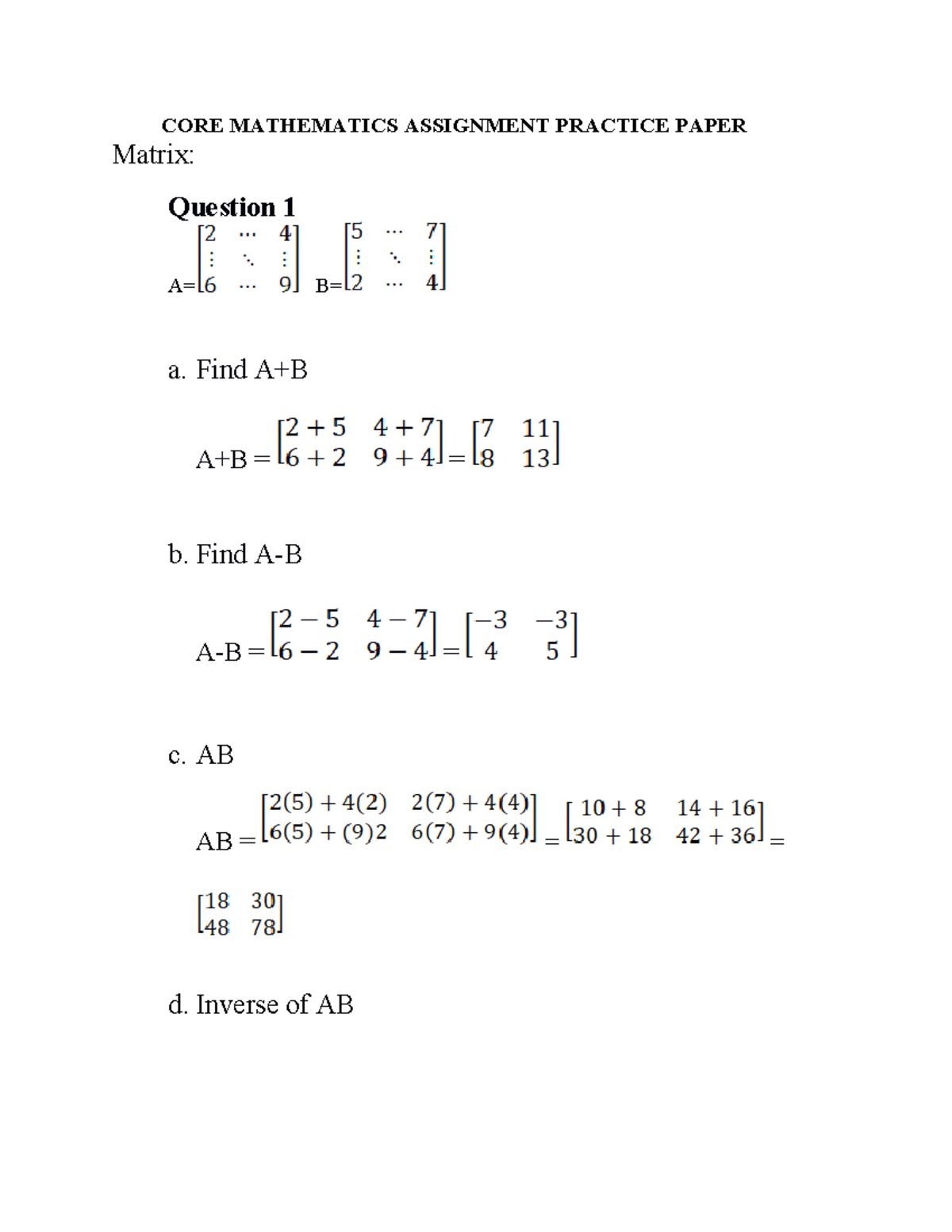 Practice Paper CORE Mathematics Assignment Assignment - CORE ...