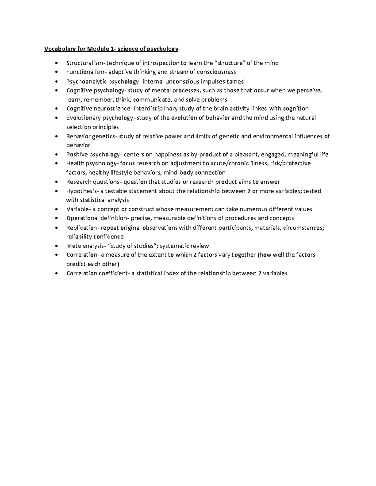 Vocabulary for Module 1- science of psychology - Vocabulary for Module ...
