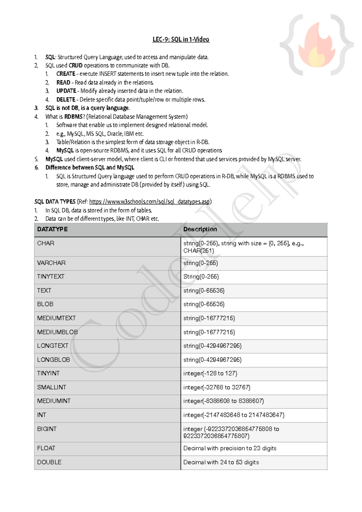 Lec9notes Sql Lecture Notes Lec 9 Sql In 1 Video Sql Structured