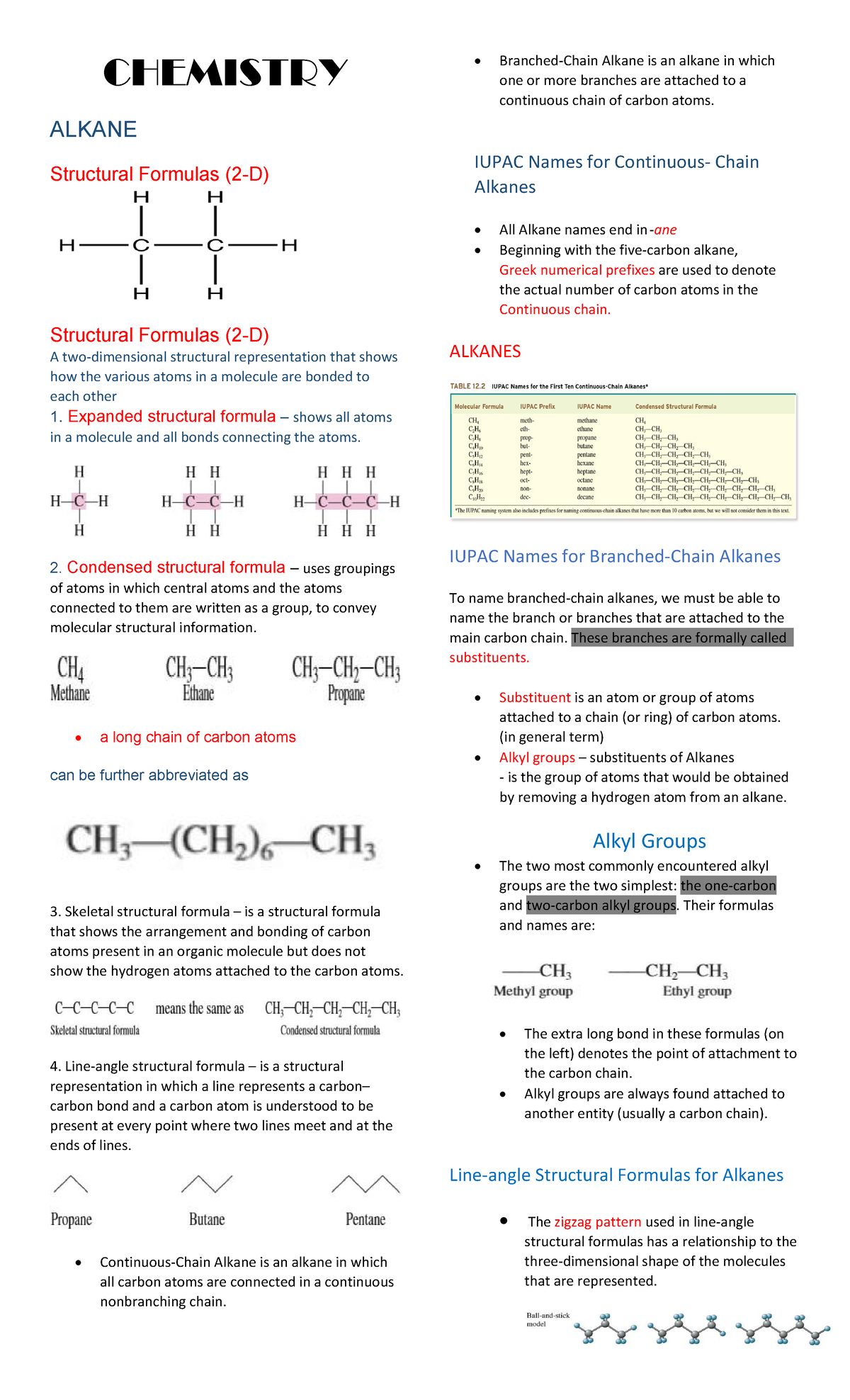 Alkanes Reviewer - mjhb - CHEMISTRY ALKANE Structural Formulas (2-D) Structural Formulas (2-D) A ...