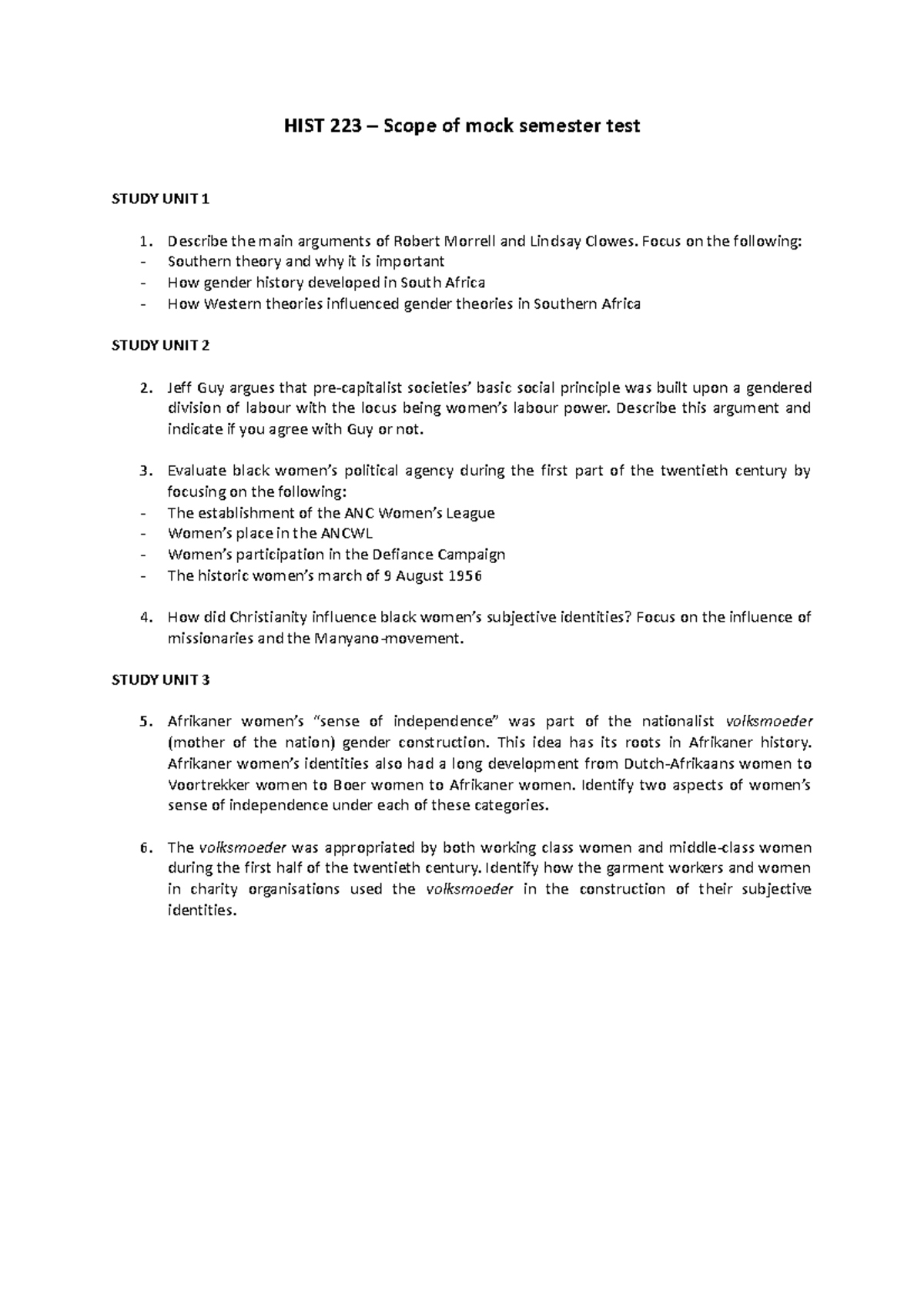 HIST 223 - Preparation for MOCK semester test - HIST 223 – Scope of ...