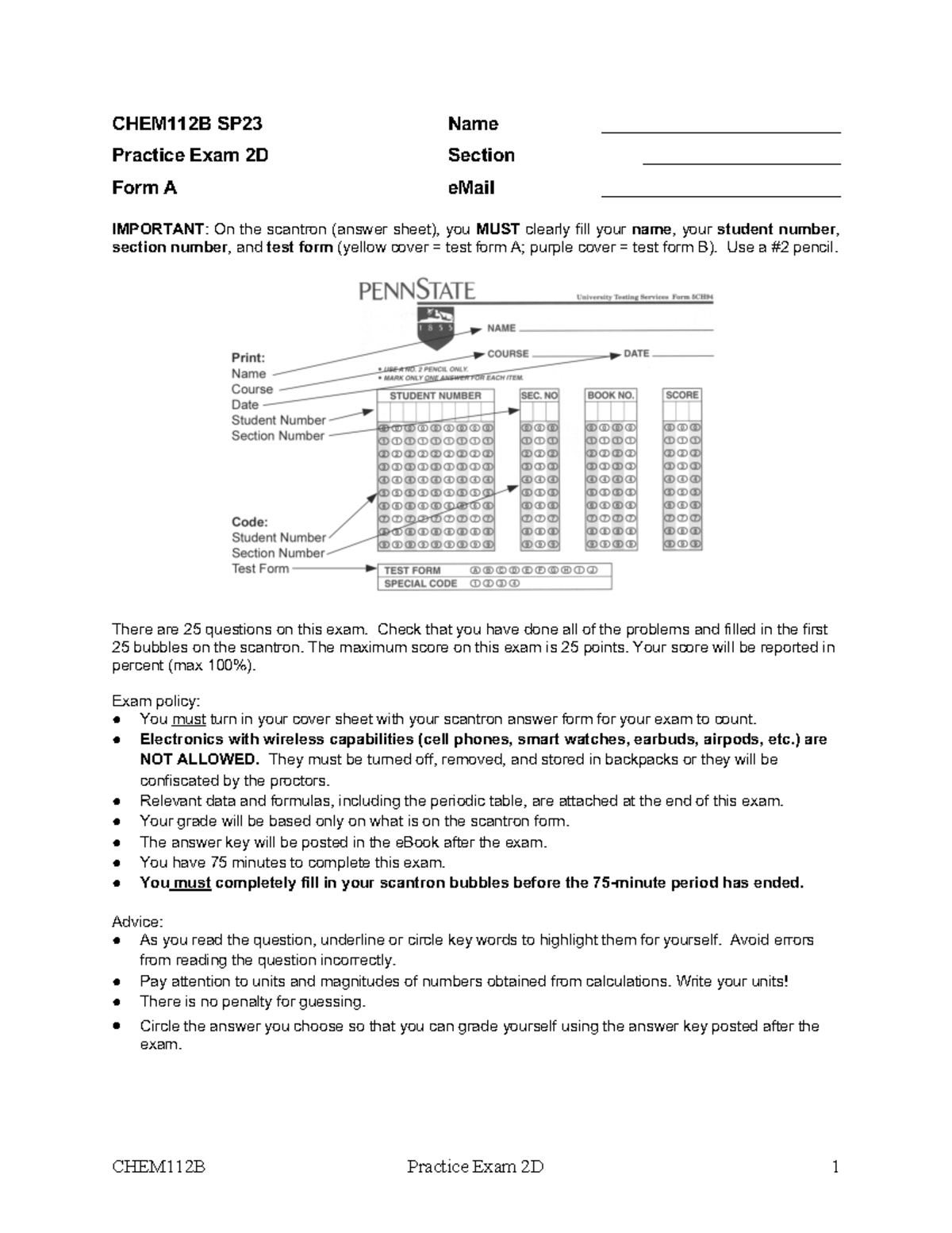 CHEM112BPractice Exam 2D - CHEM112B SP23 Name ...