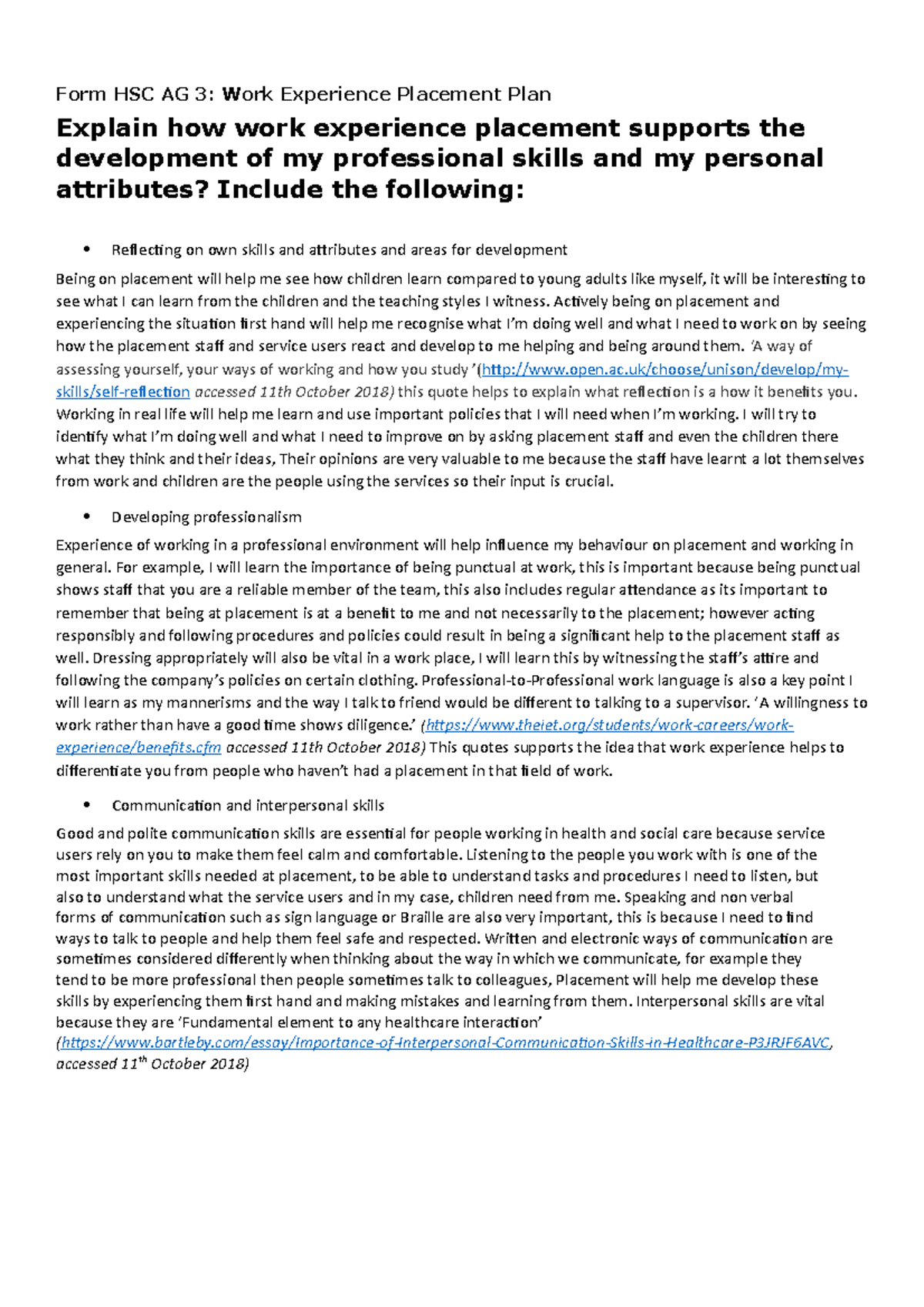 P1 Explain how work experience placement supports the development of my ...