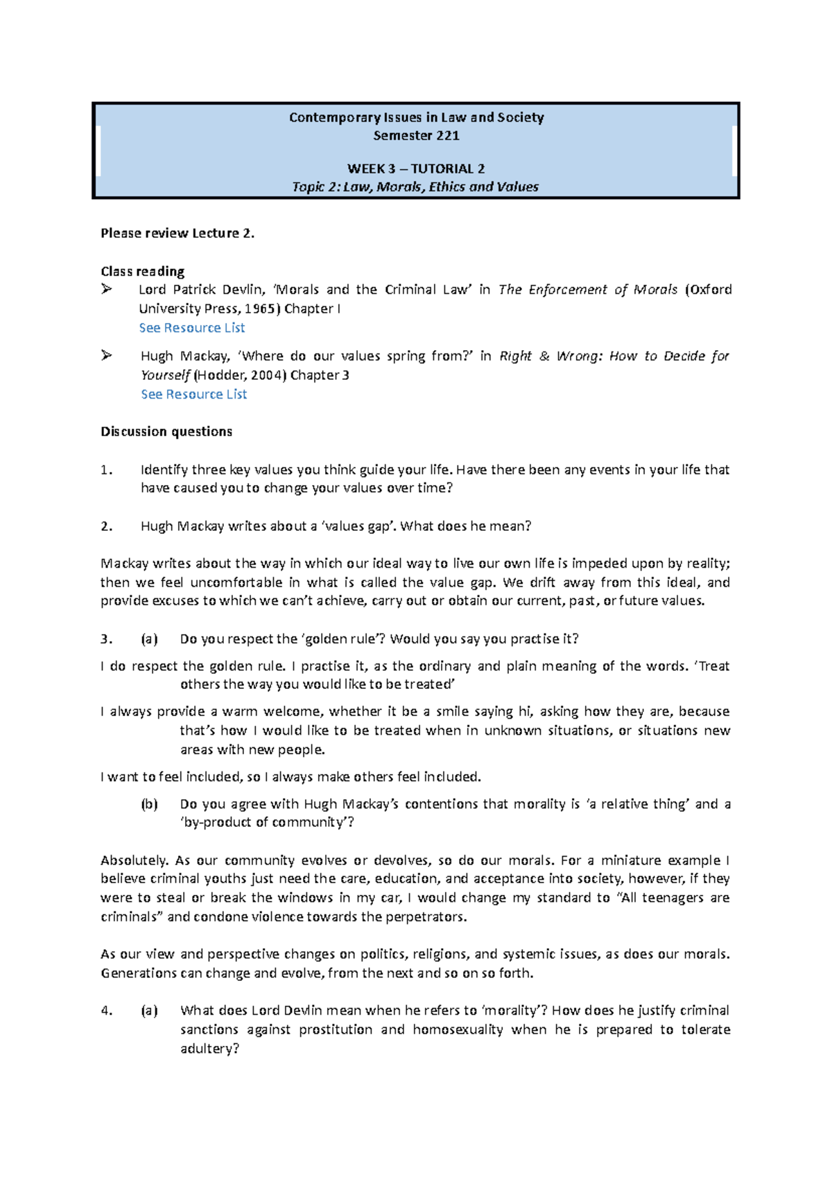 Tutorial 2(Wk3) - Contemporary Issues in Law and Society Semester 221 WEEK 3 – TUTORIAL 2 Topic ...