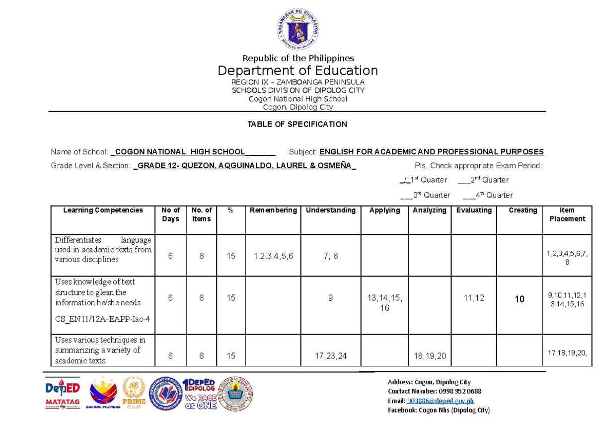EAPP 12 Q1 TOS - Republic of the Philippines Department of Education ...