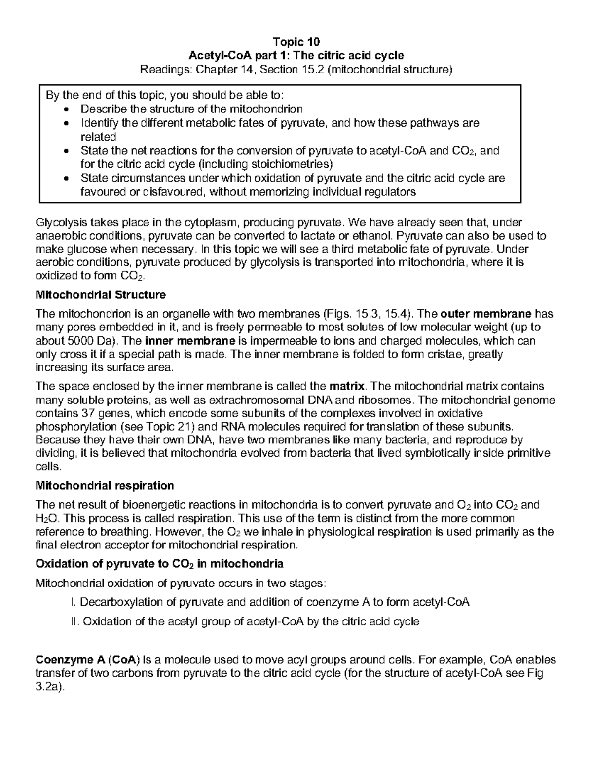 Topic+10+Lecture+Notes - Topic 10 Acetyl-CoA part 1: The citric acid ...