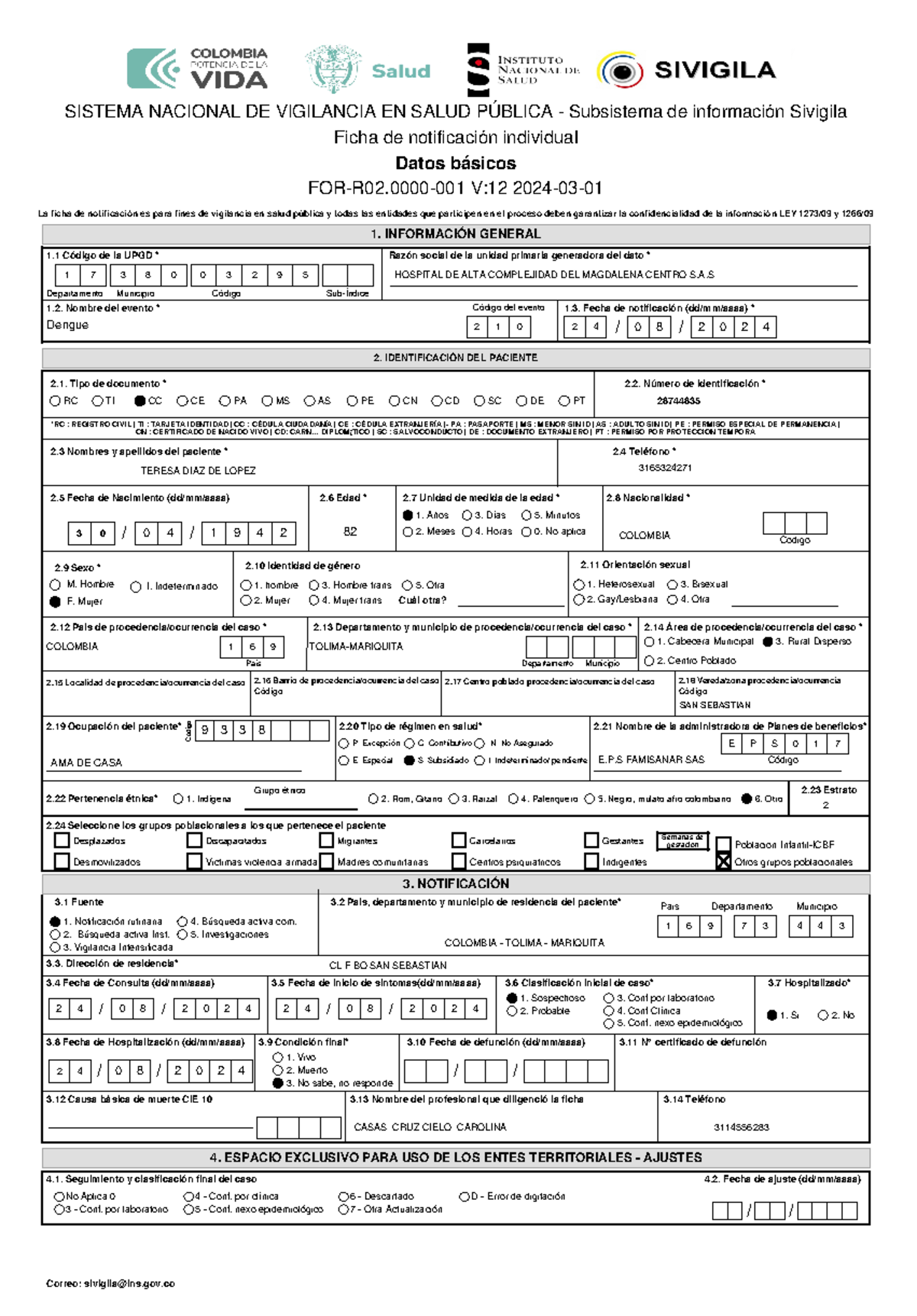 Formato Sivigila Dengue 080826 - SISTEMA NACIONAL DE VIGILANCIA EN SALUD PÚBLICA - Subsistema de ...