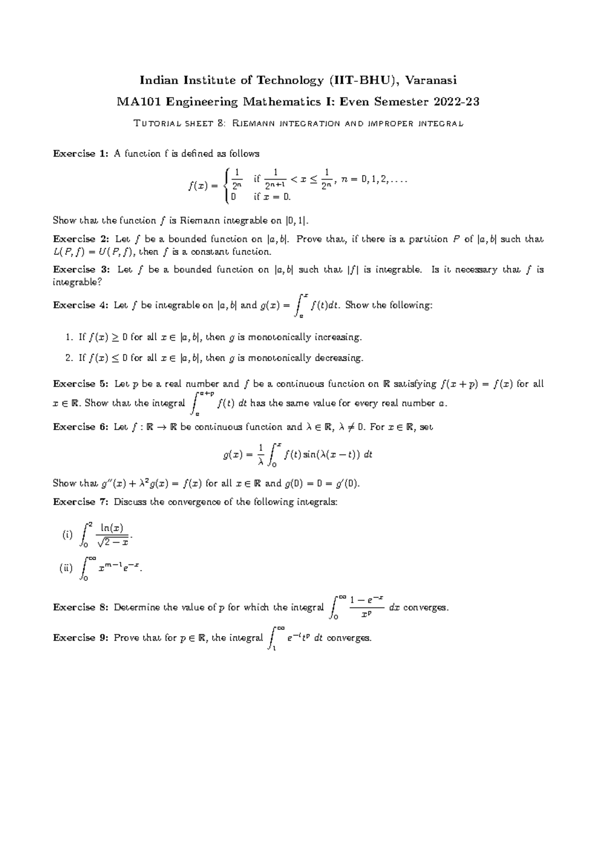 Tutorial 8 - Indian Institute of Technology (IIT-BHU), Varanasi MA101 ...