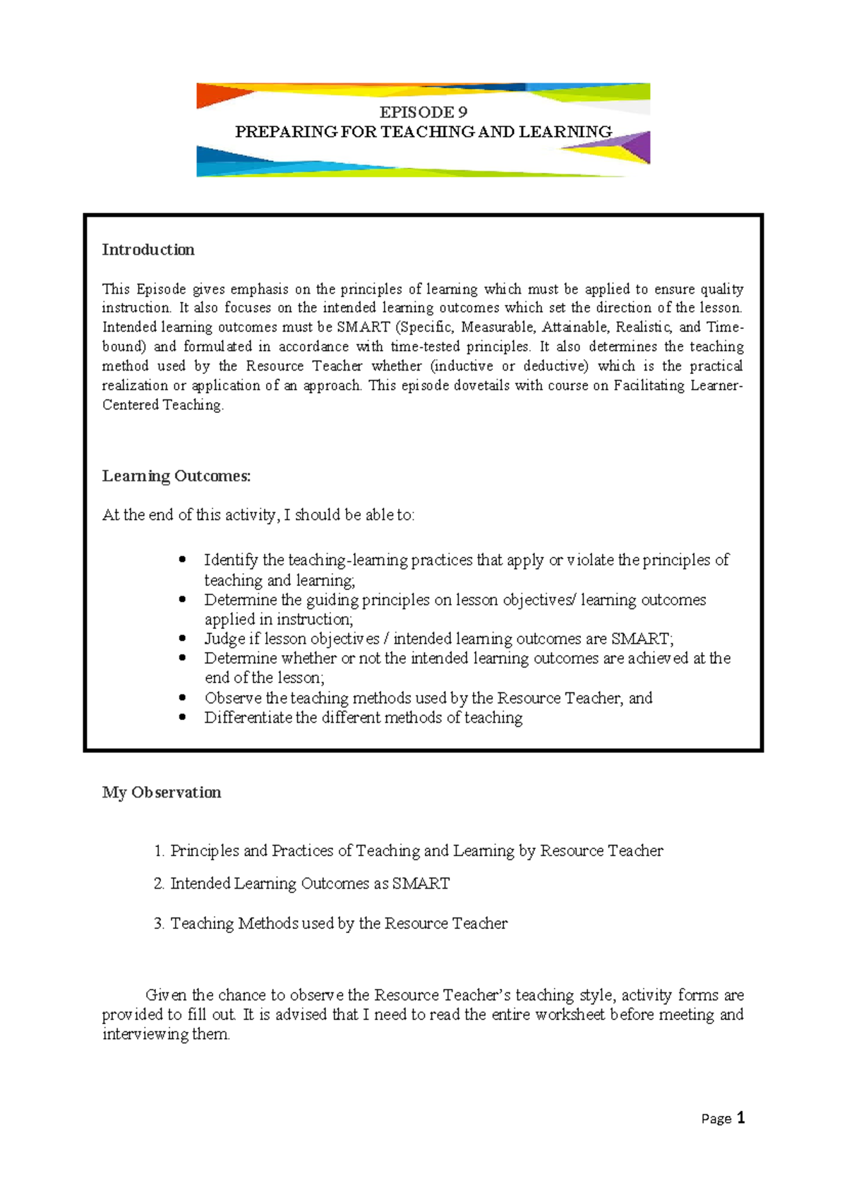 Episodes-9-10 - field study - EPISODE 9 PREPARING FOR TEACHING AND ...