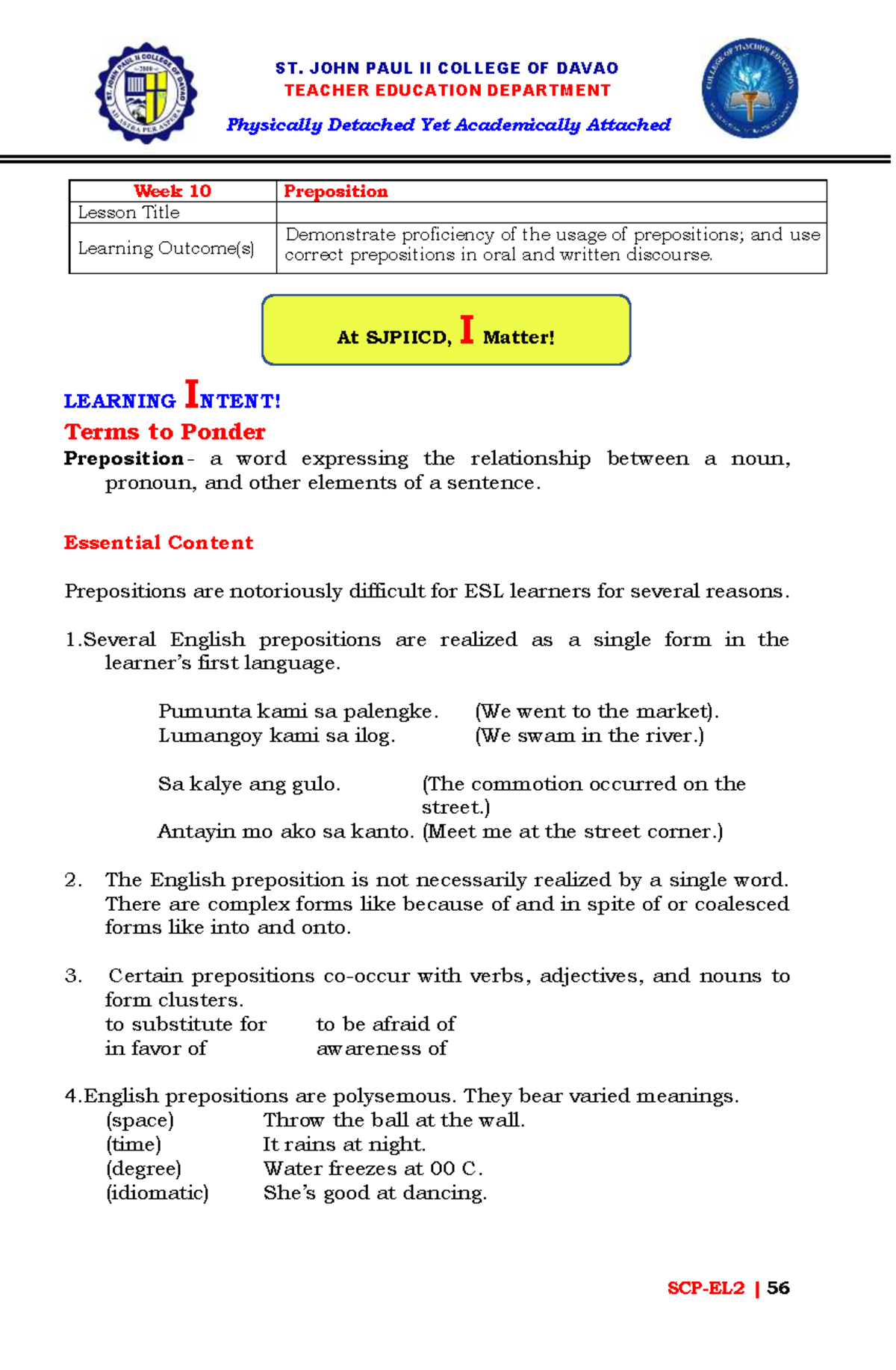Prepositions - Lesson Plan - TEACHER EDUCATION DEPARTMENT Physically ...