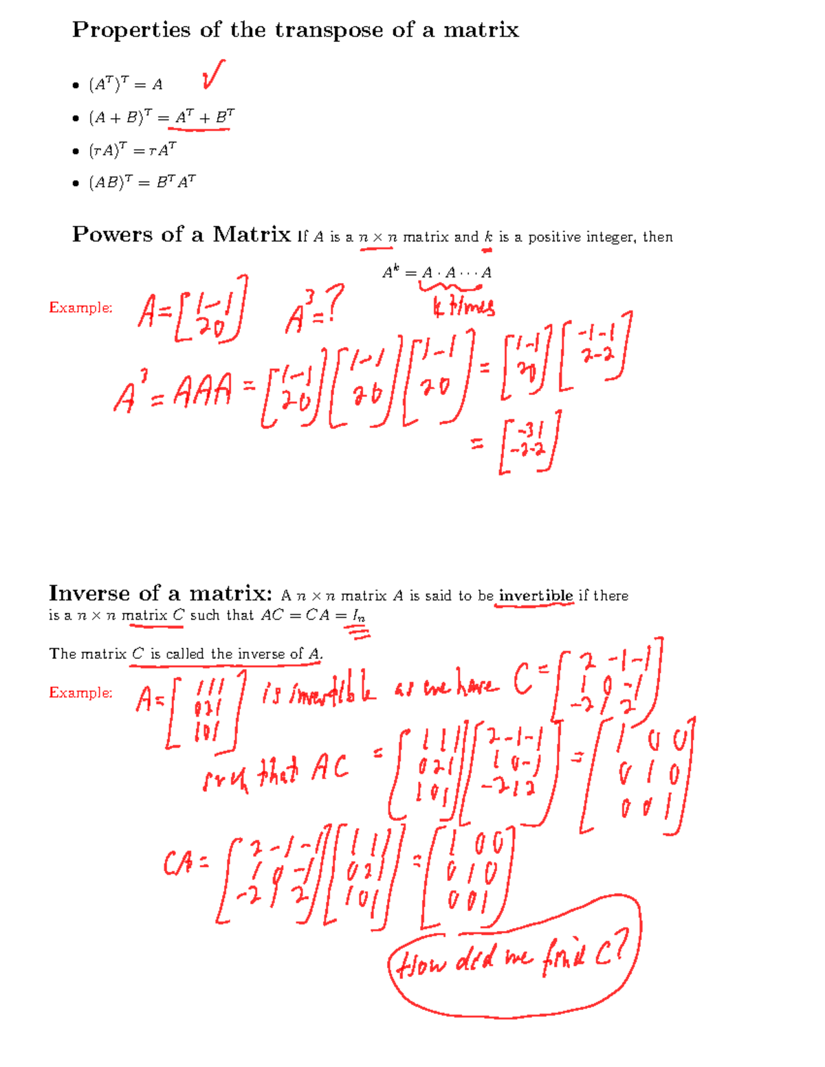 Class 10 Notes (filled) - Properties of the transpose of a matrix (AT ...