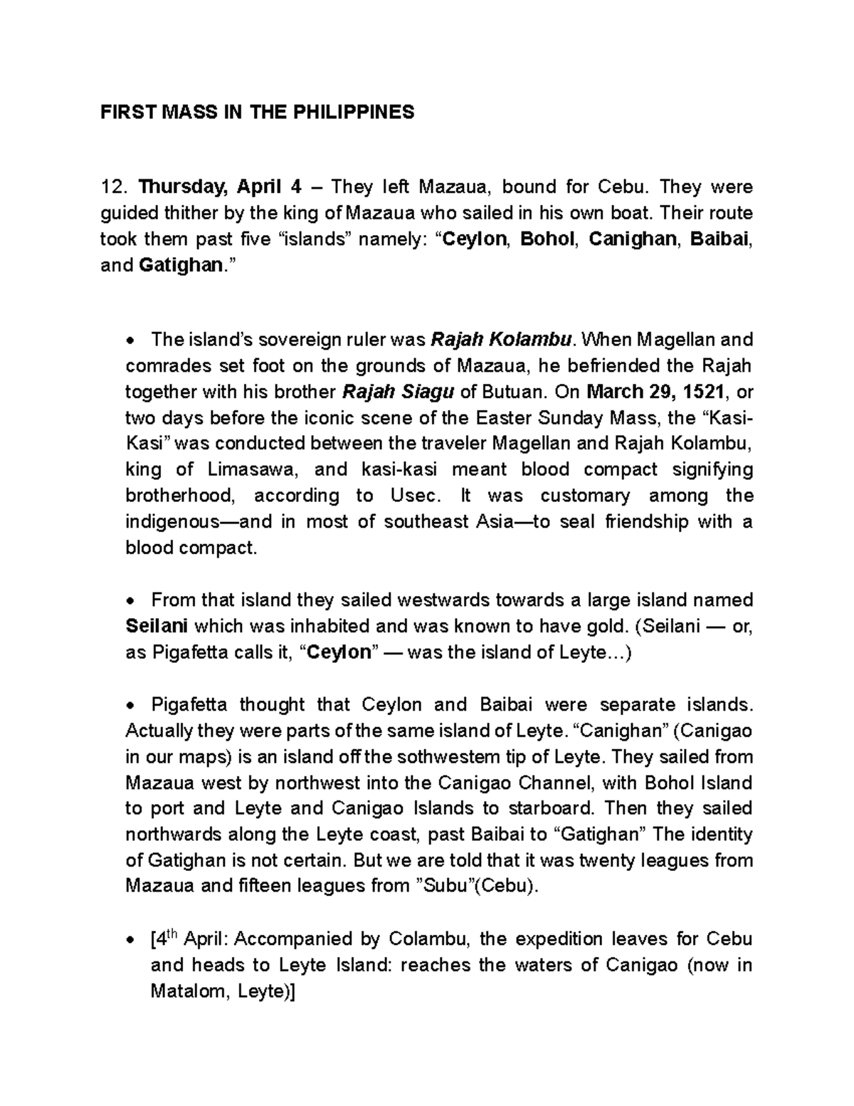 First MASS - Summary Readings in Philippine History - FIRST MASS IN THE ...