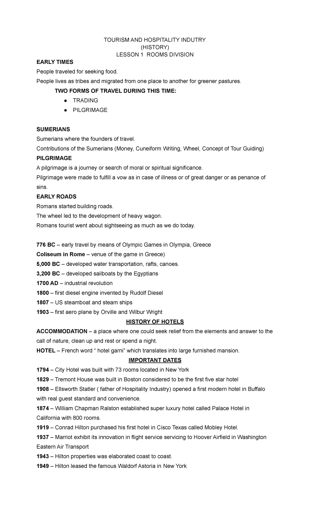 History OF TRAVEL IN TOURISM ROOMS DIVISION - TOURISM AND HOSPITALITY ...