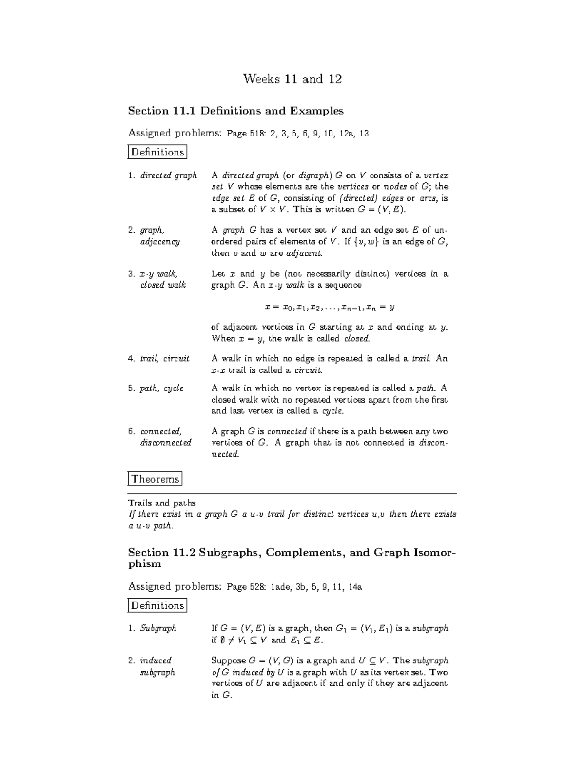 Week11 12Definitions - Definitions - Weeks 11 and 12 Section 11 Definitions and Examples ...