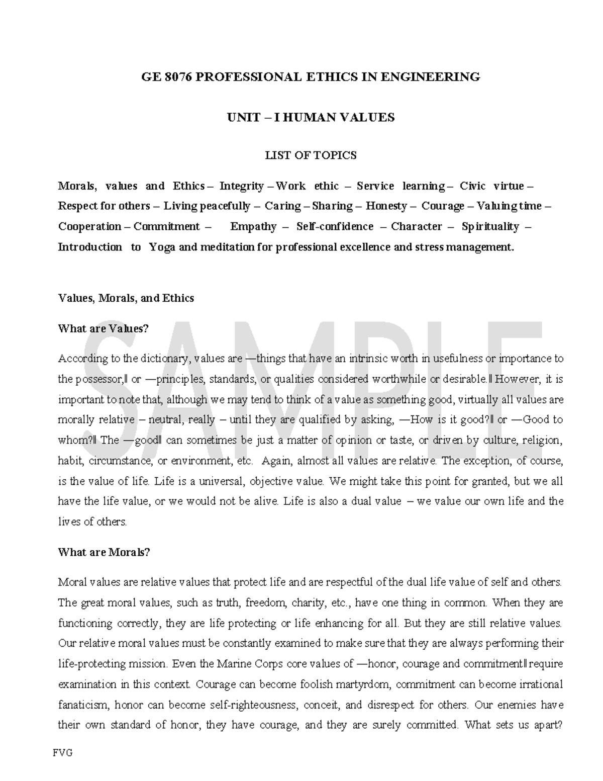 UNIT-1 Human Values - GE 8076 PROFESSIONAL ETHICS IN ENGINEERING UNIT – I HUMAN VALUES LIST OF ...