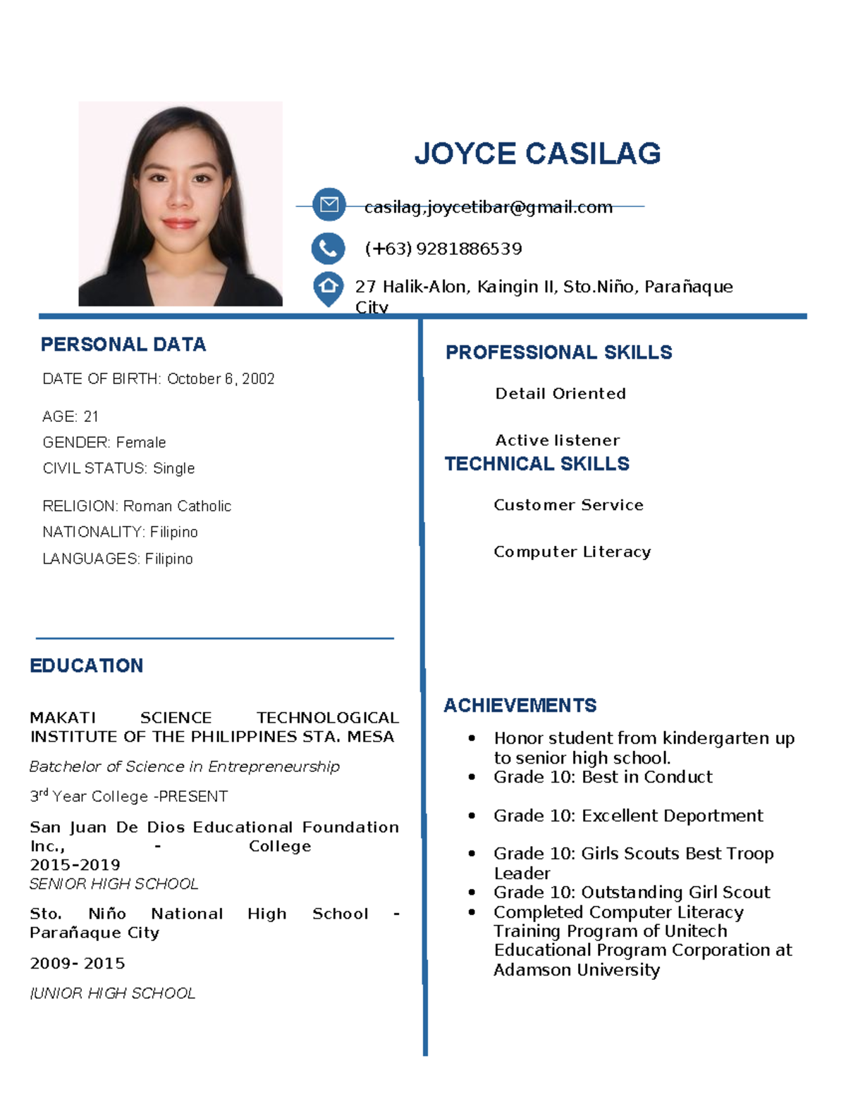 Personalinfo - JOYCE CASILAG casilag,joycetibar@gmail (+63) 9281886539 27 Halik-Alon, Kaingin II ...