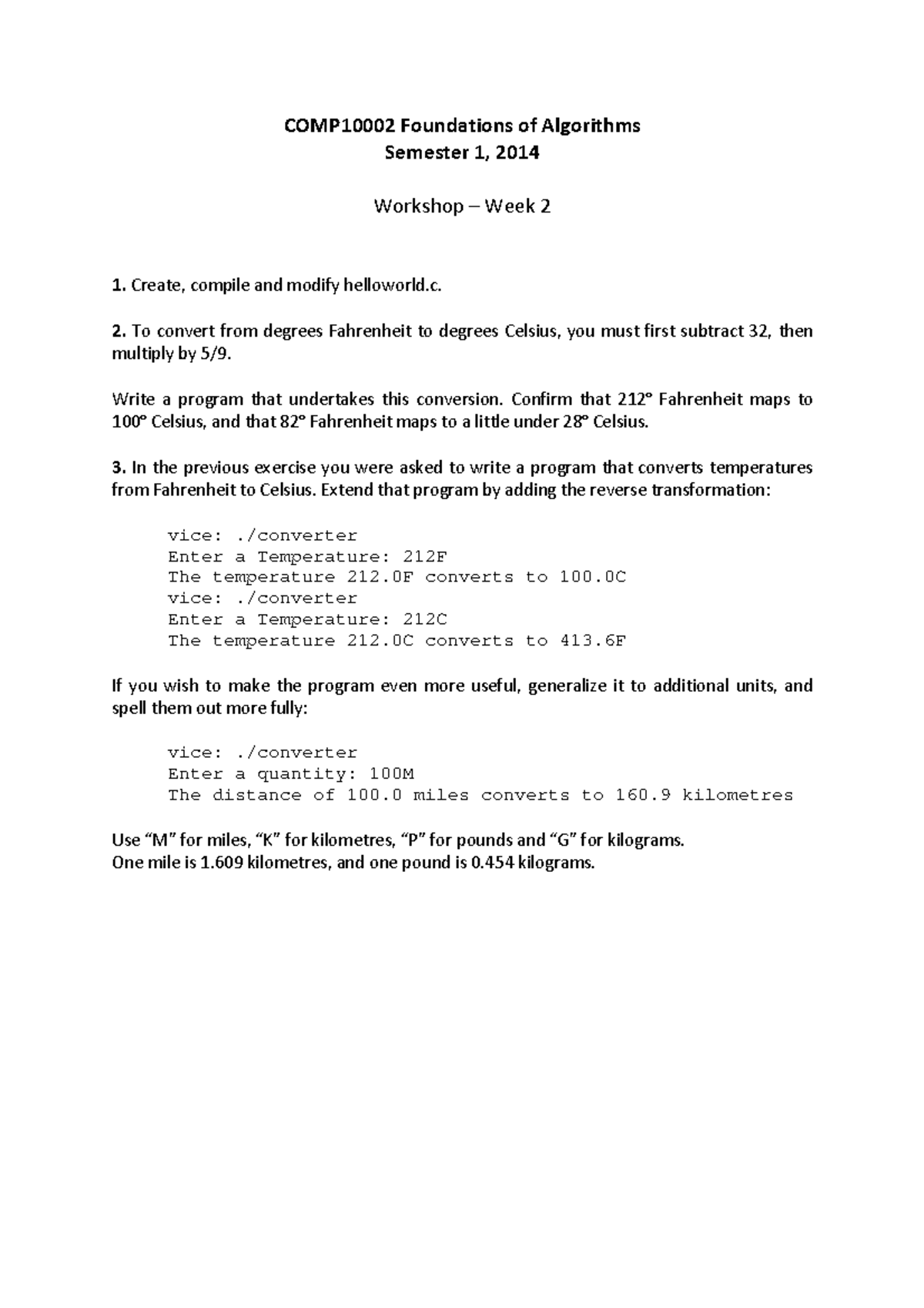 Workshops Weeks 2-5, Sem 1 2014 Questions.pdf - COMP10002 Foundations of Algorithms Semester 1 ...