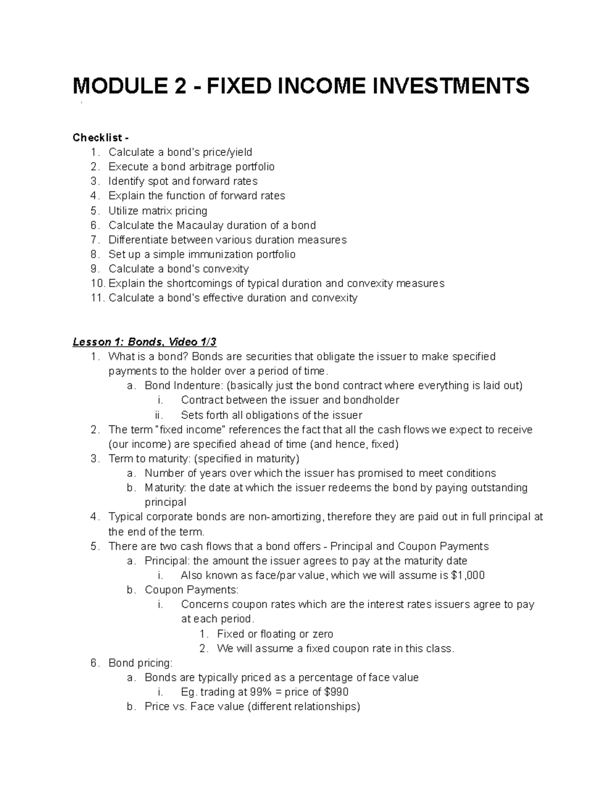 FINA4310 Module 2 Notes (Fixed Income) - MODULE 2 - FIXED INCOME ...