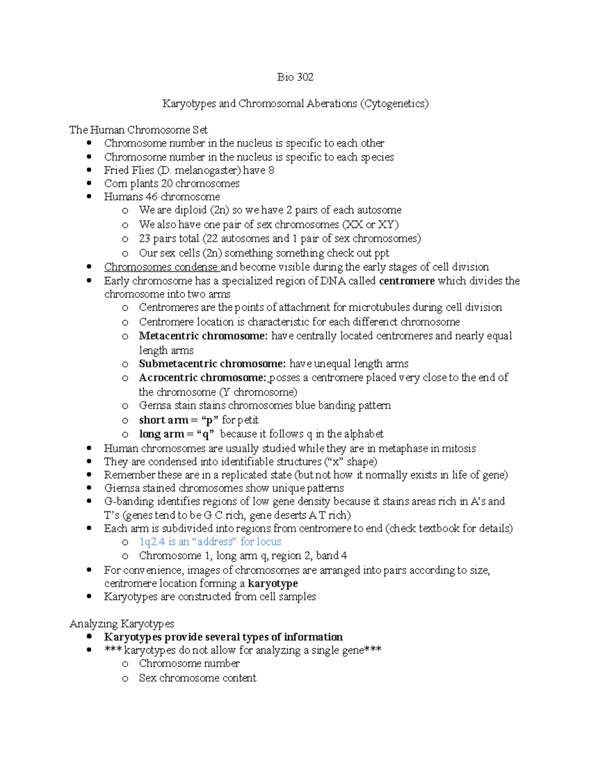 Bio 302 karyotype - Understanding / summarization of in class notes ...