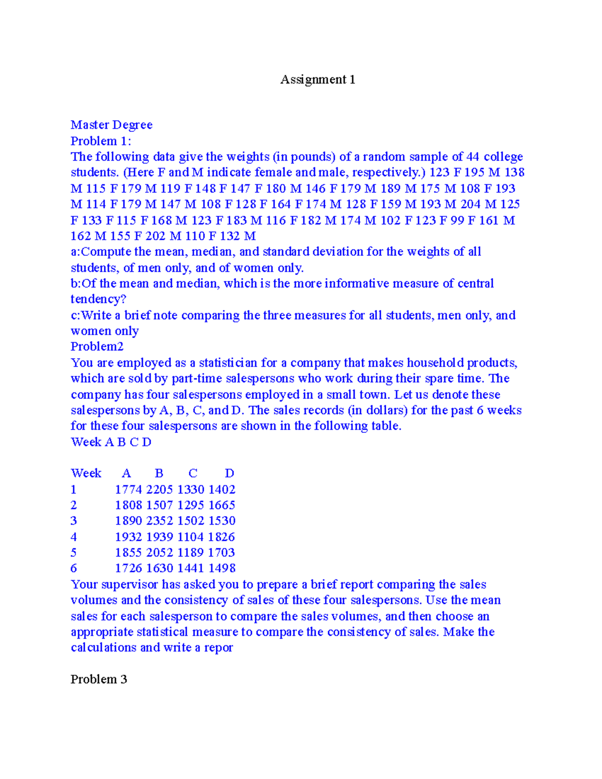 Assignment 1 - stat - Assignment 1 Master Degree Problem 1: The following data give the weights ...