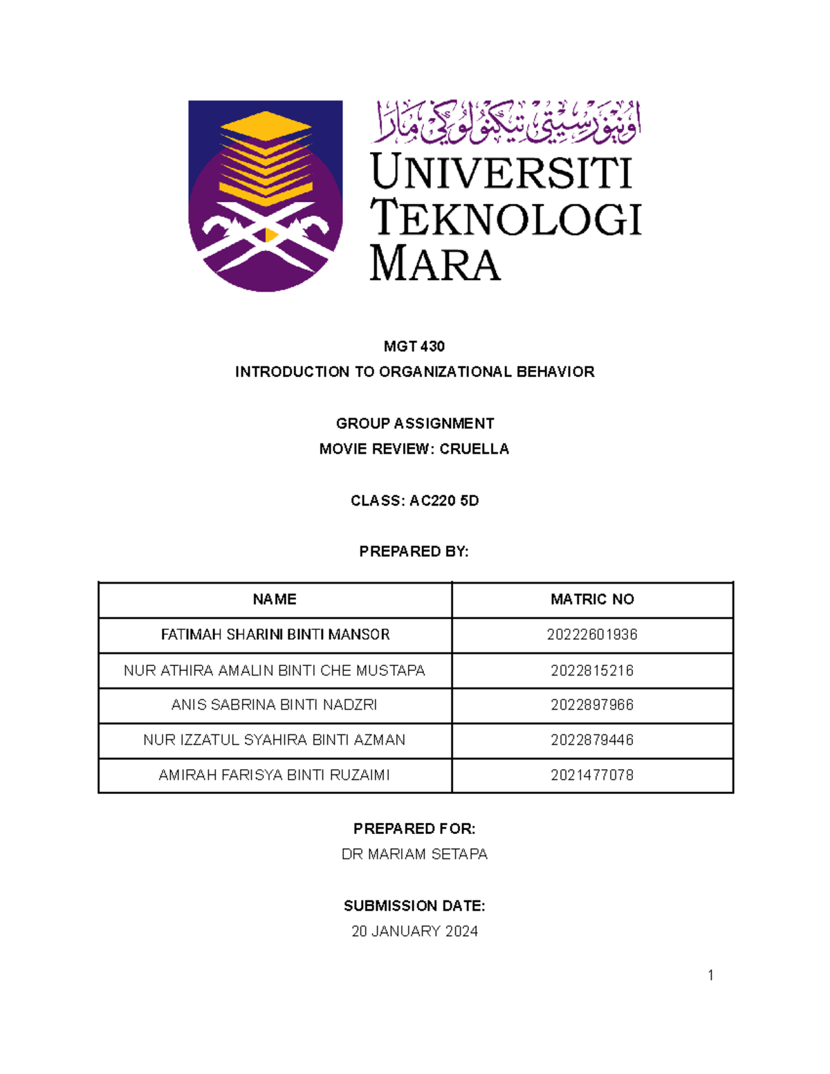 MGT 430 AC2205D - Cruella - MGT 430 INTRODUCTION TO ORGANIZATIONAL ...