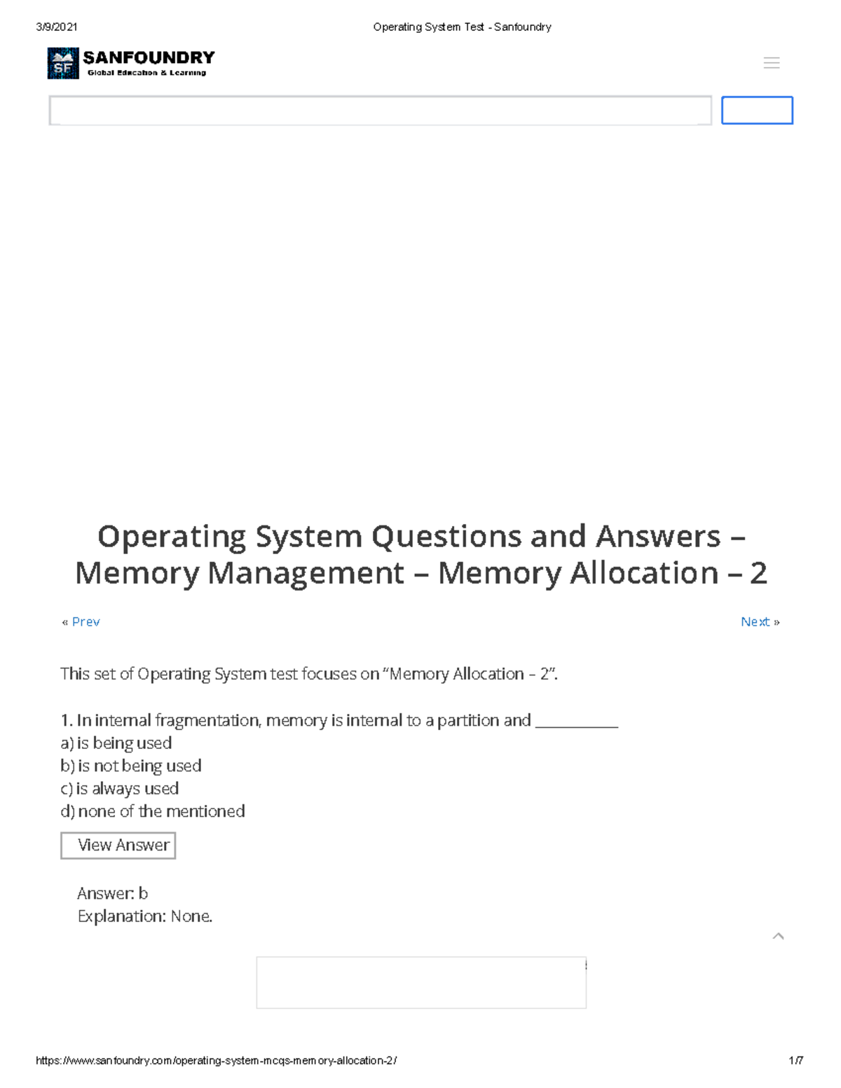 Operating System Test - Sanfoundry - « Prev Next » Operating System ...