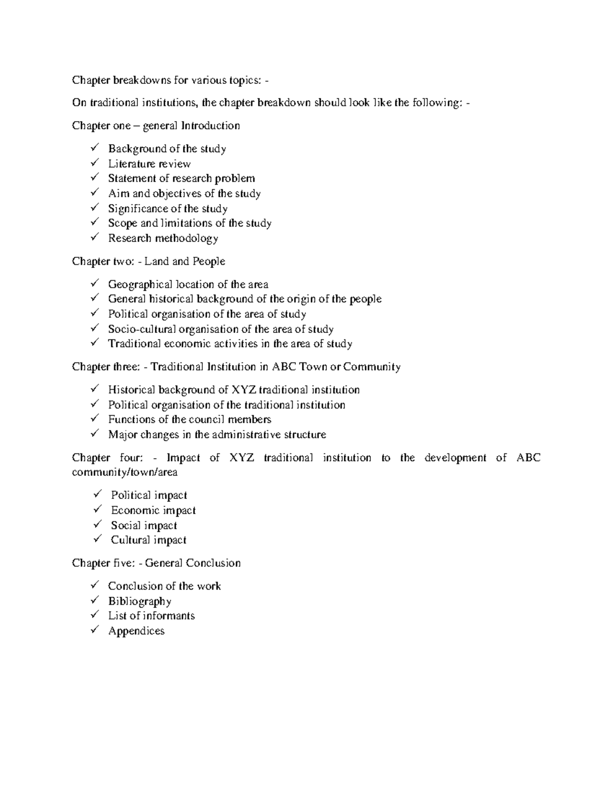 Chapter breakdowns for various topics - Background information on the ...