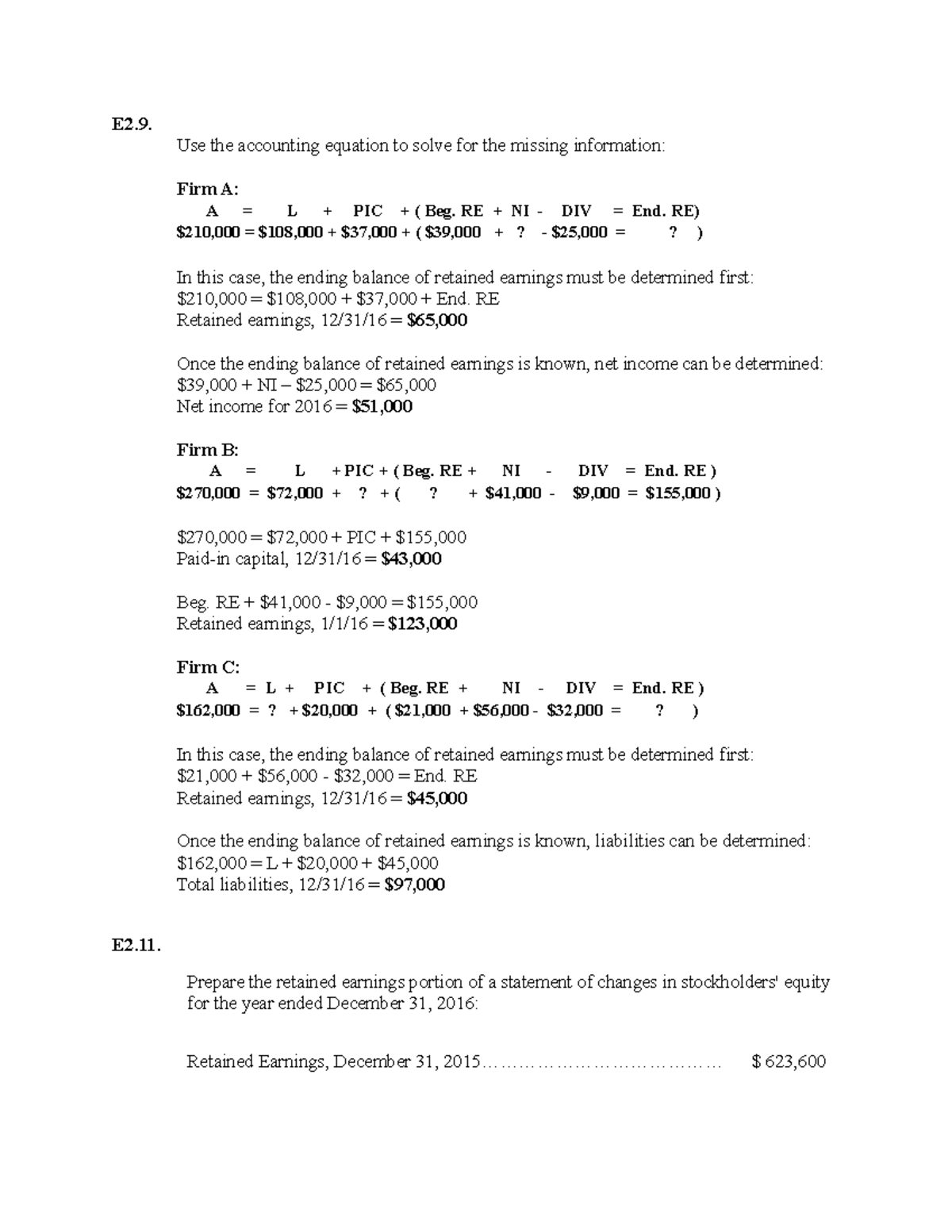 Solution ch 2 & 3 & 4 11th edition - E2. Use the accounting equation to ...