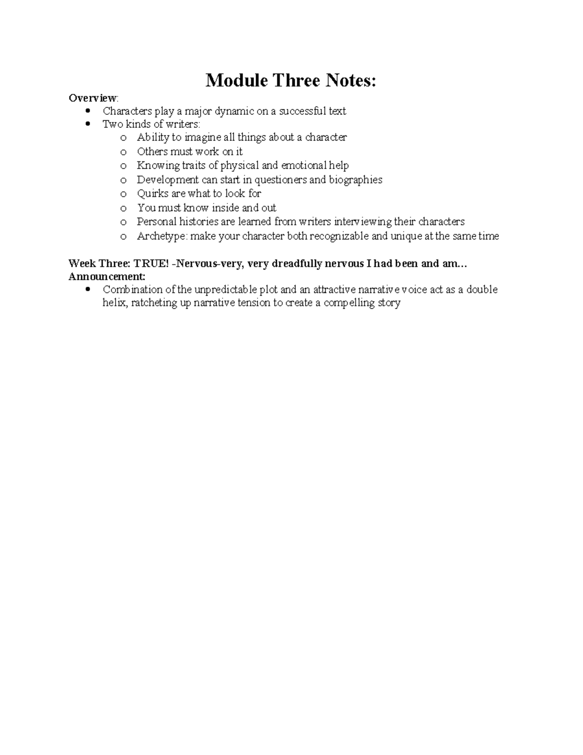 Module Three Notes - Module Three Notes: Overview: Characters play a ...