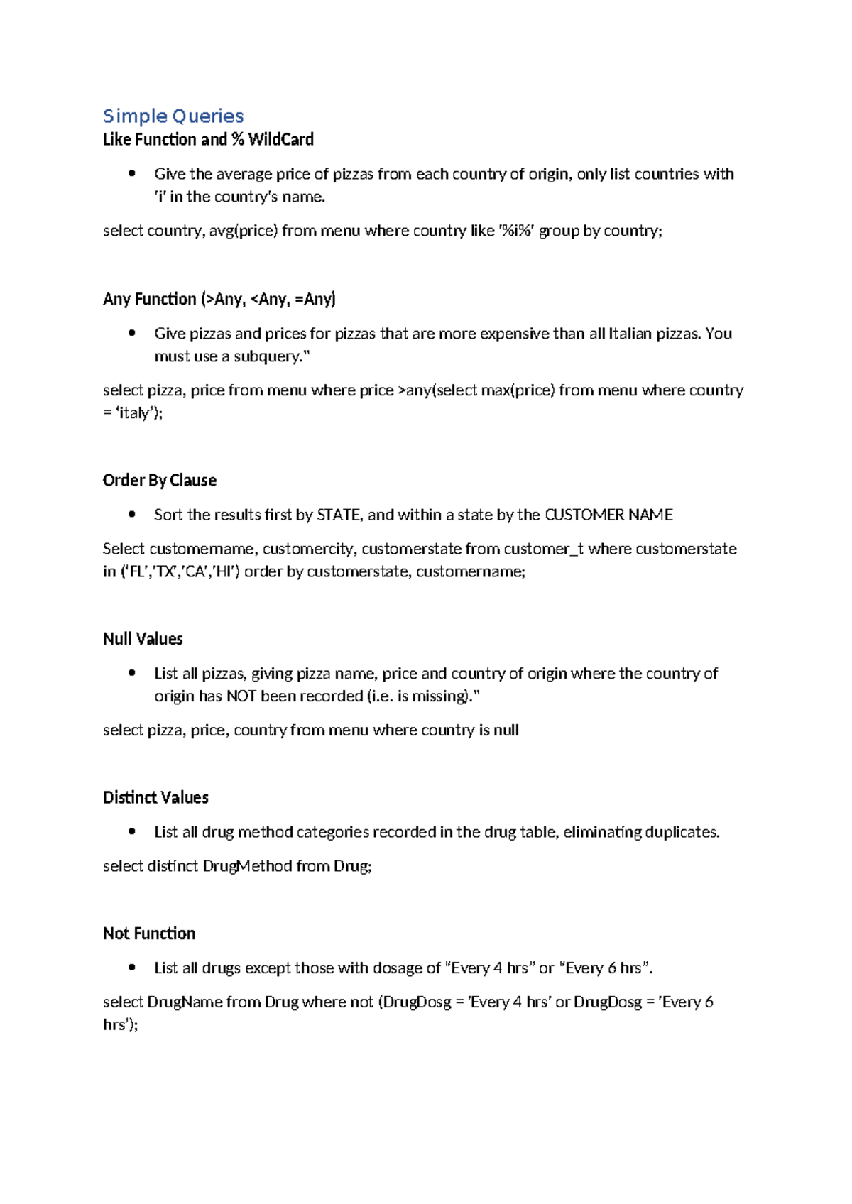 SQL TEST Notes - Simple Queries Like Function and % WildCard Give the ...